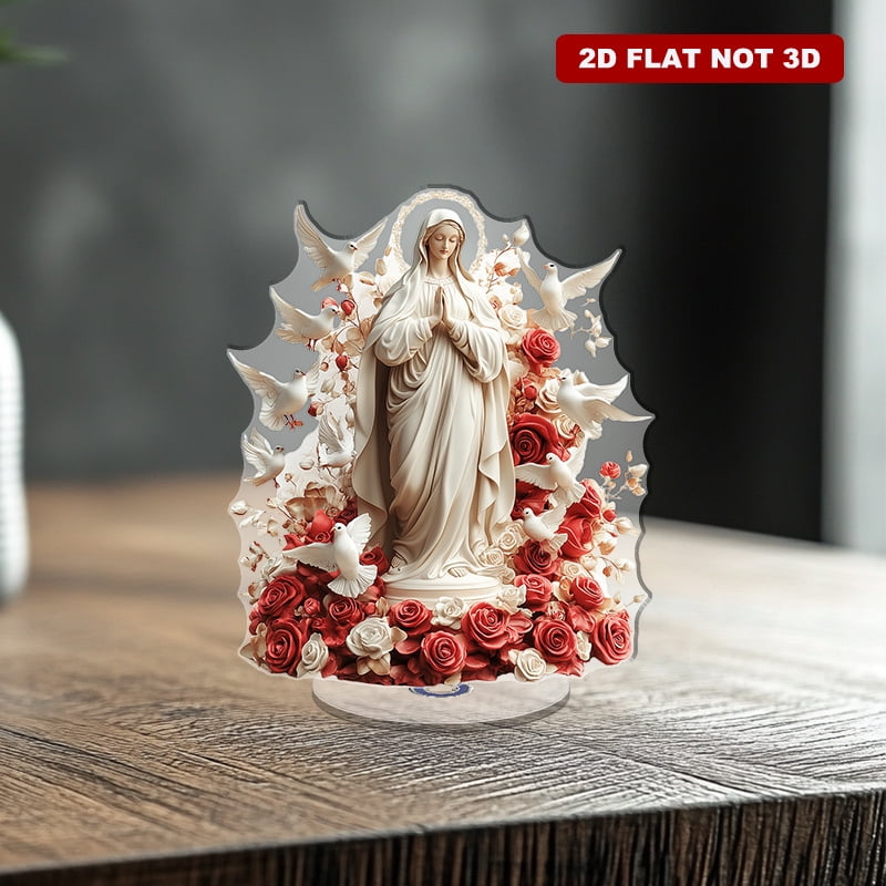 The rotatable acrylic ornament displays white doves surrounding Maria ...