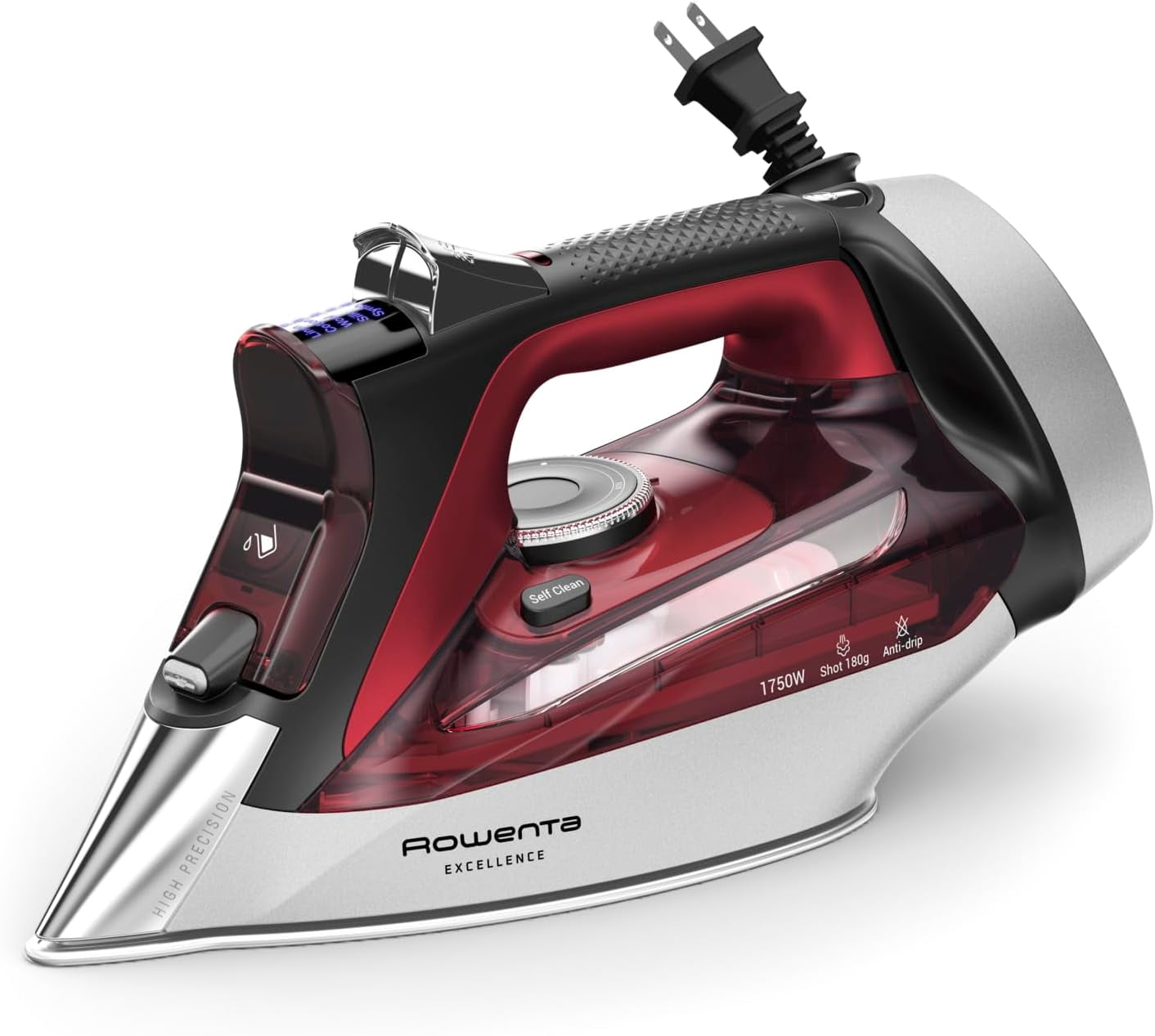 The steam iron features a stainless steel base plate design and is ...