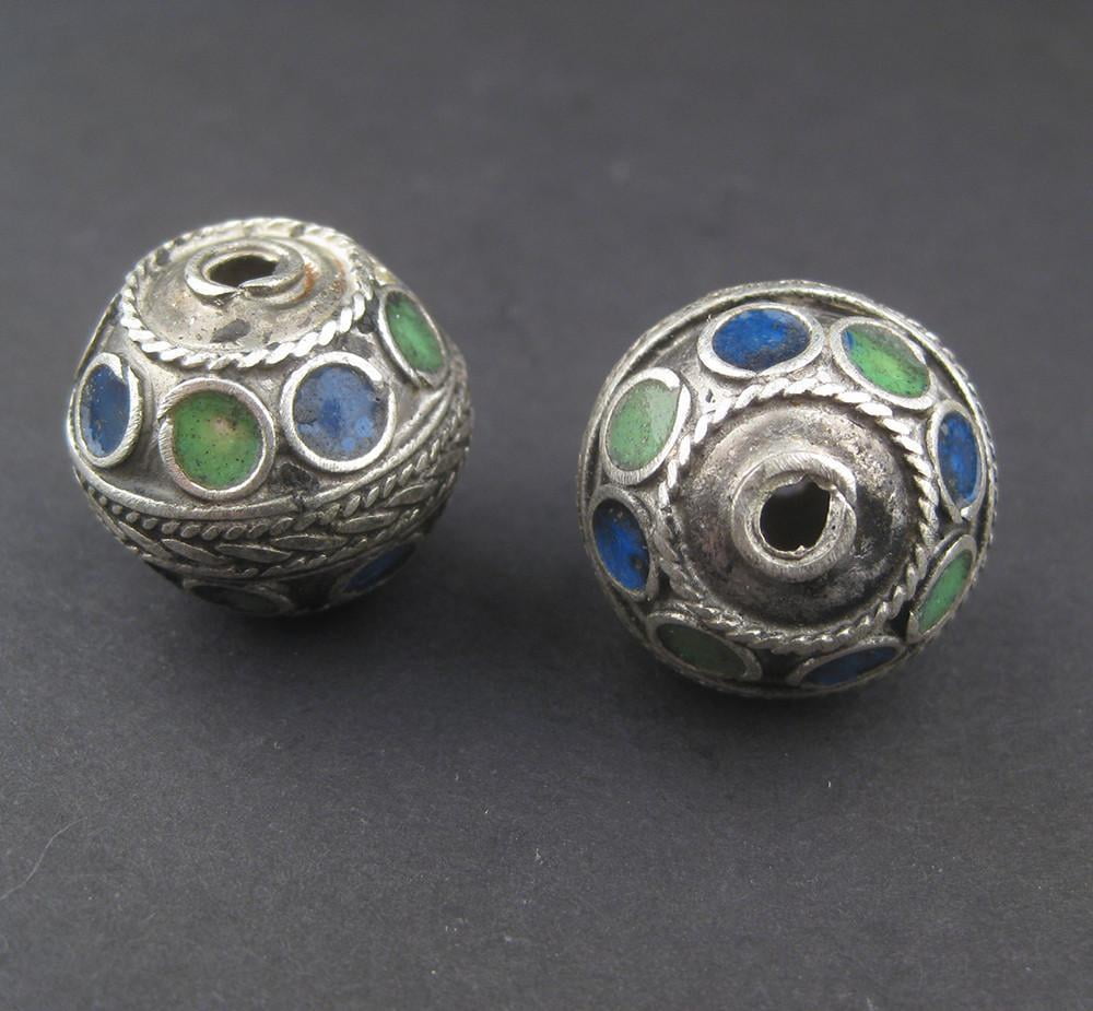TheBeadChest Blue-Green Enamel Berber Beads Set of 2 22mm Morocco ...