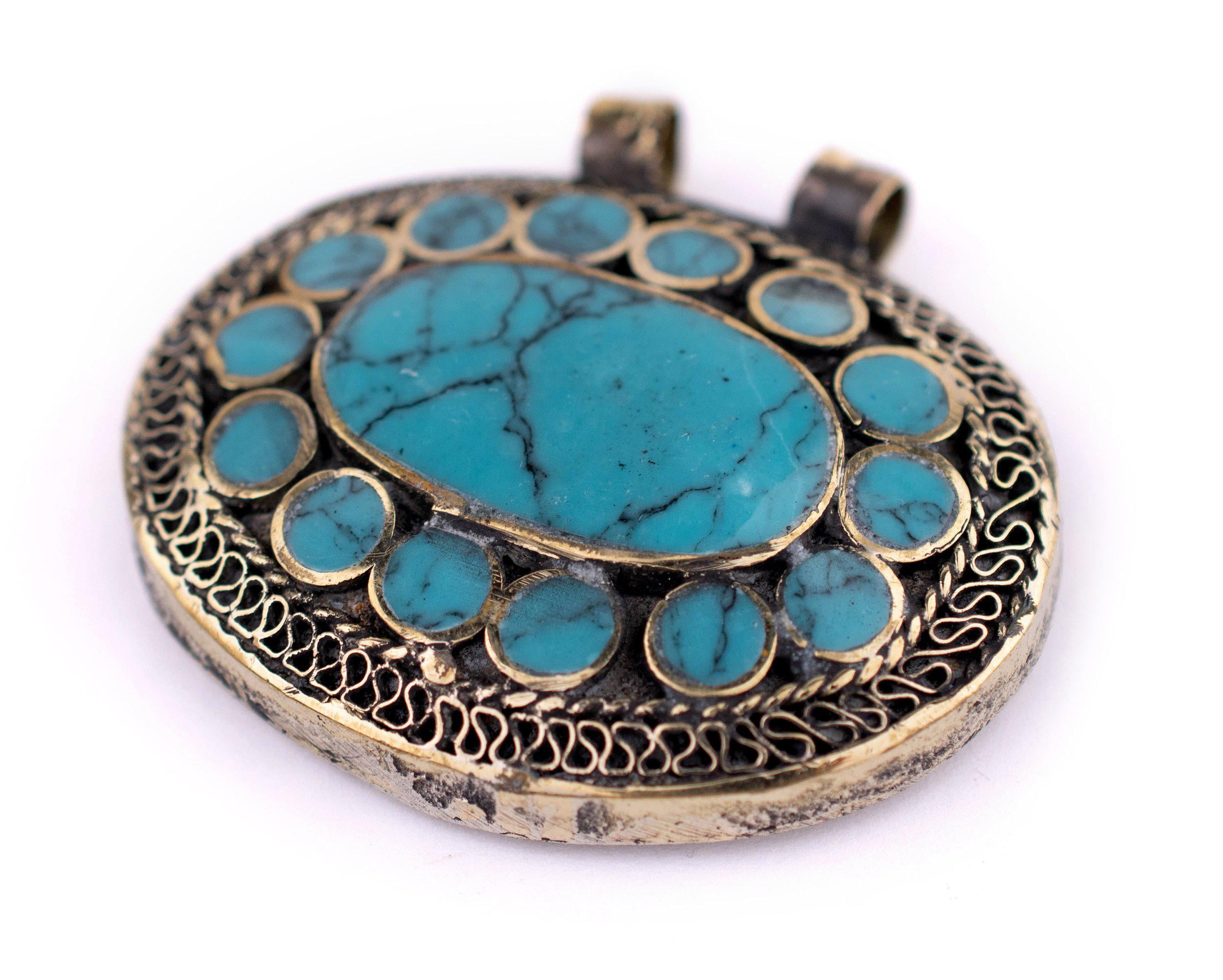 TheBeadChest Turquoise Blue Oval Inlaid Afghan Silver Pendant 50x48mm ...