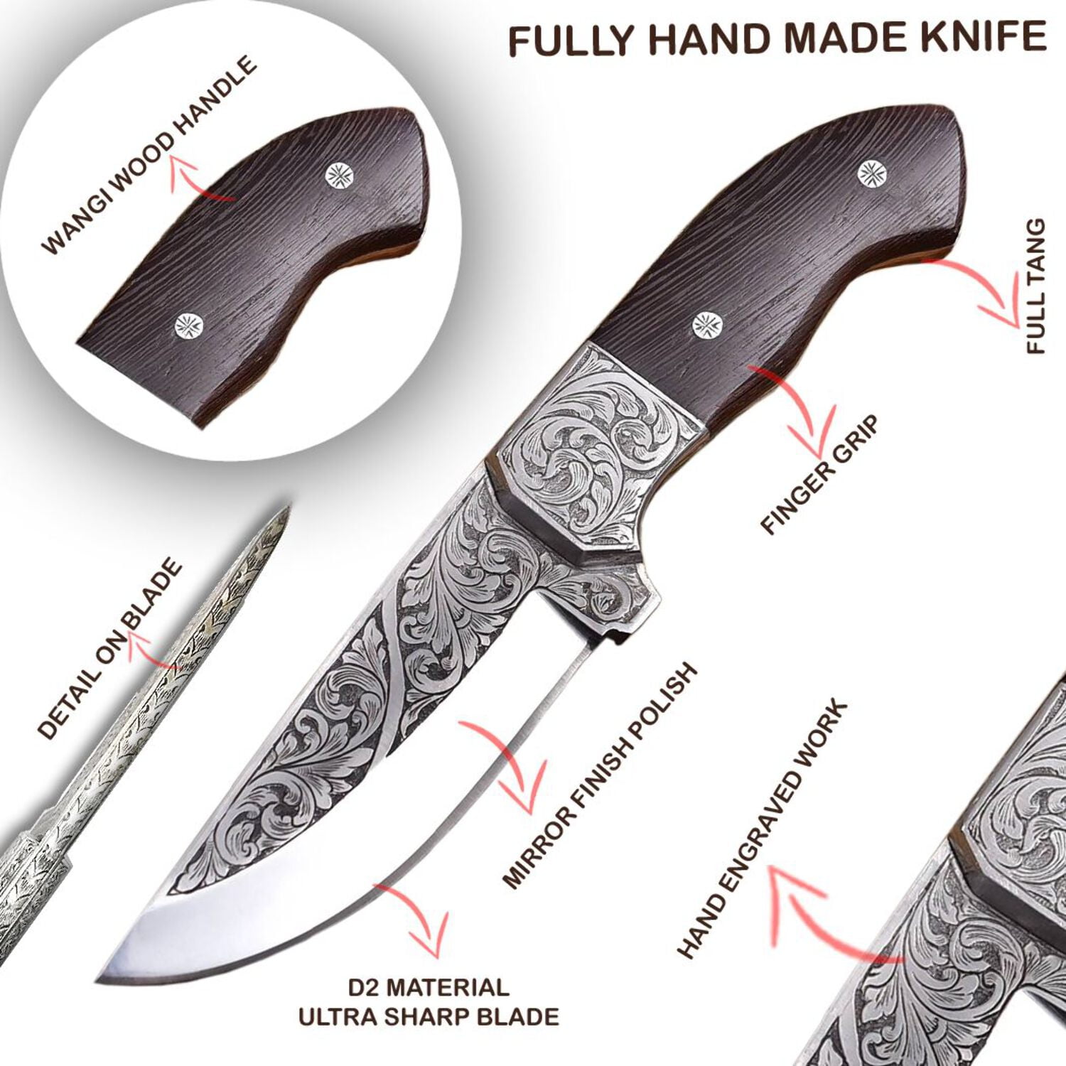 TheBoneEdge 10" Hand Made Wanging Wood Handle Engraved Blade Tracker ...