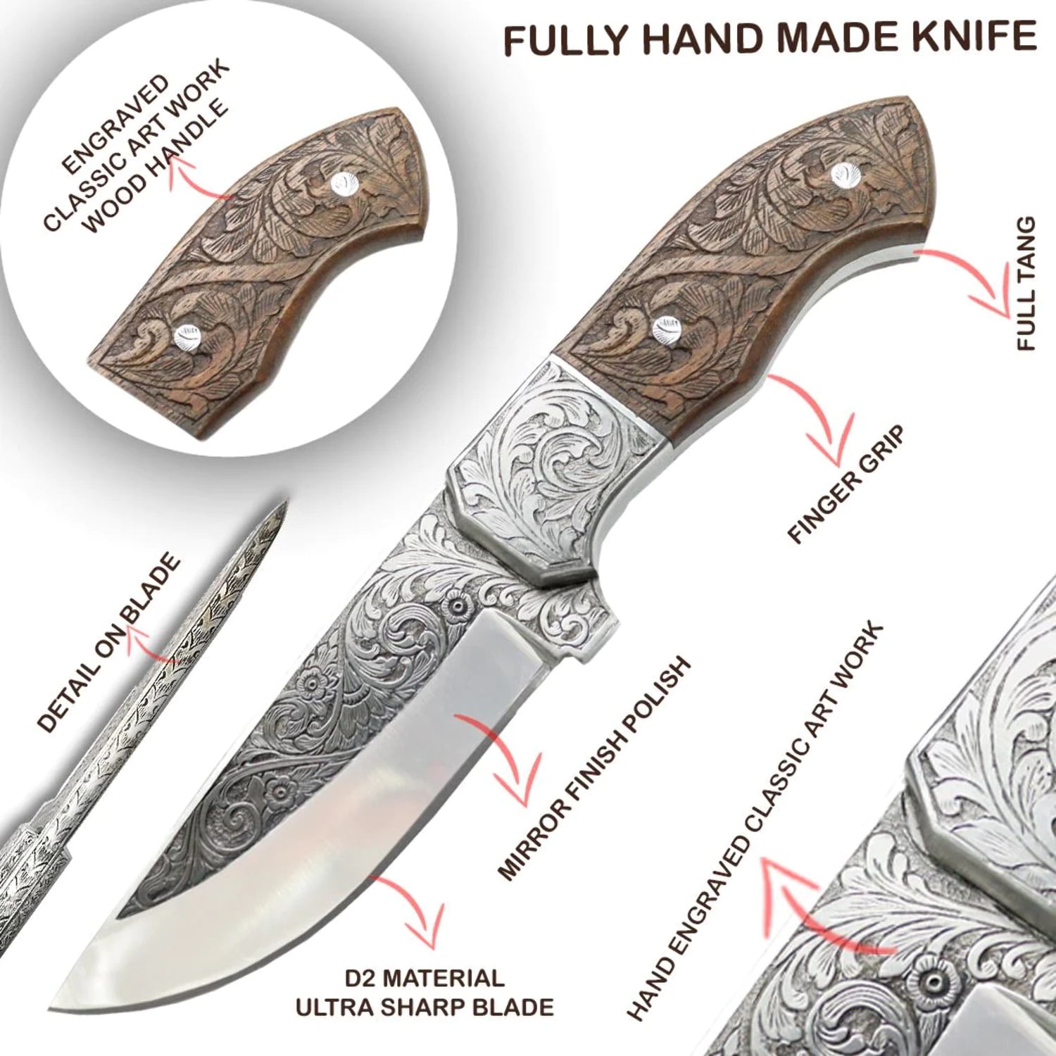 TheBoneEdge 10" Rose Wood Handle Engraved Blade Hand Made Tracker ...