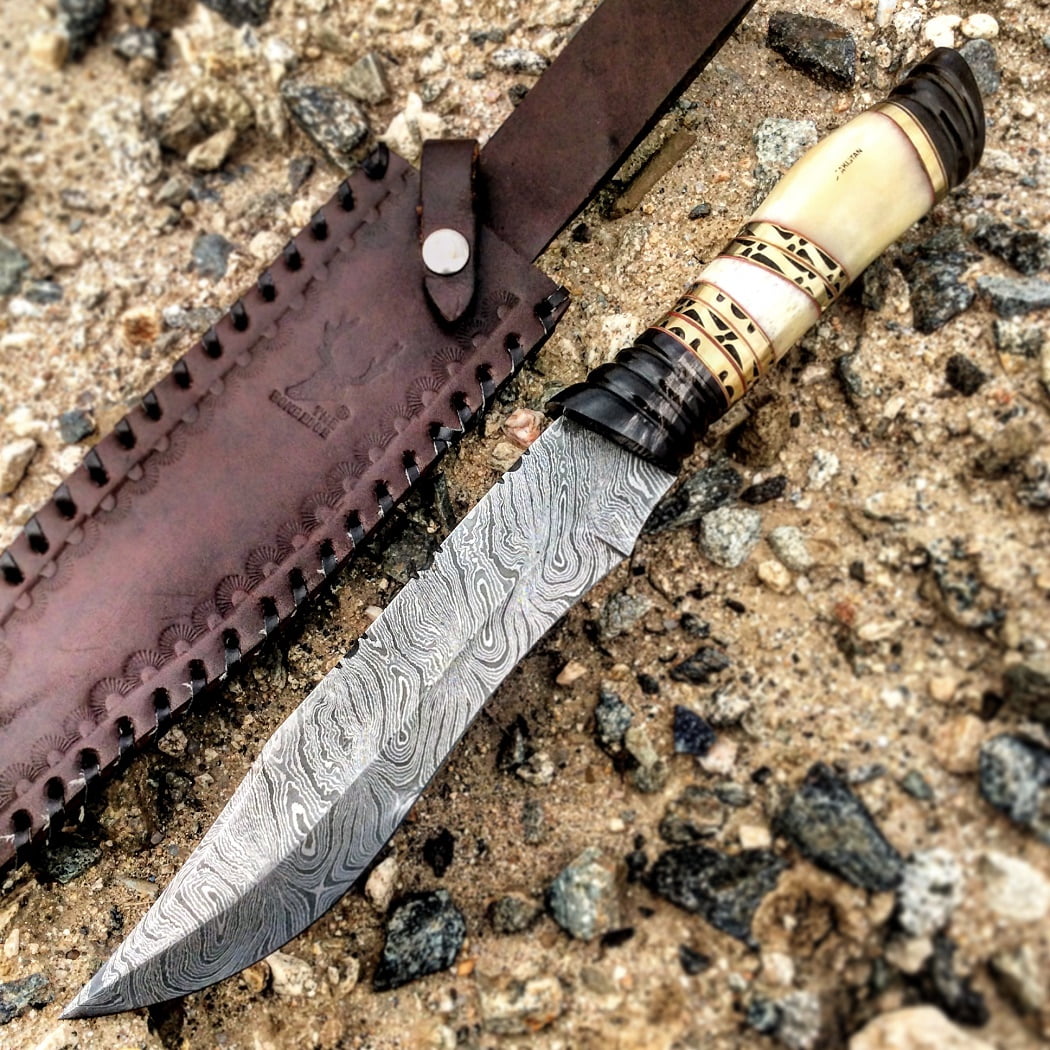 TheBoneEdge 13" Damascus Steel Fixed Blade Bone Horn Handle Hunting ...