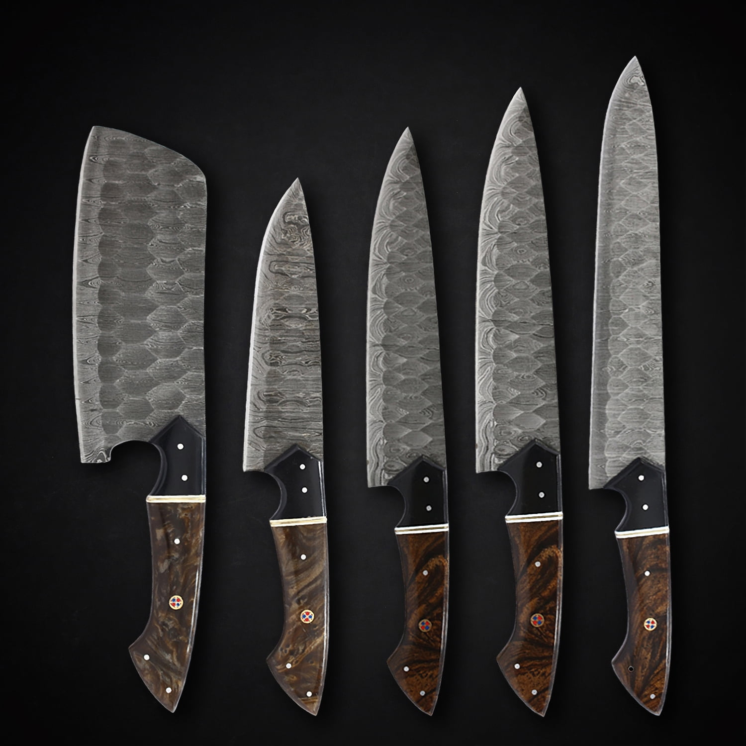 TheBoneEdge 5pc Set Genuine Damascus Steel Handmade Chef Knives Brown ...