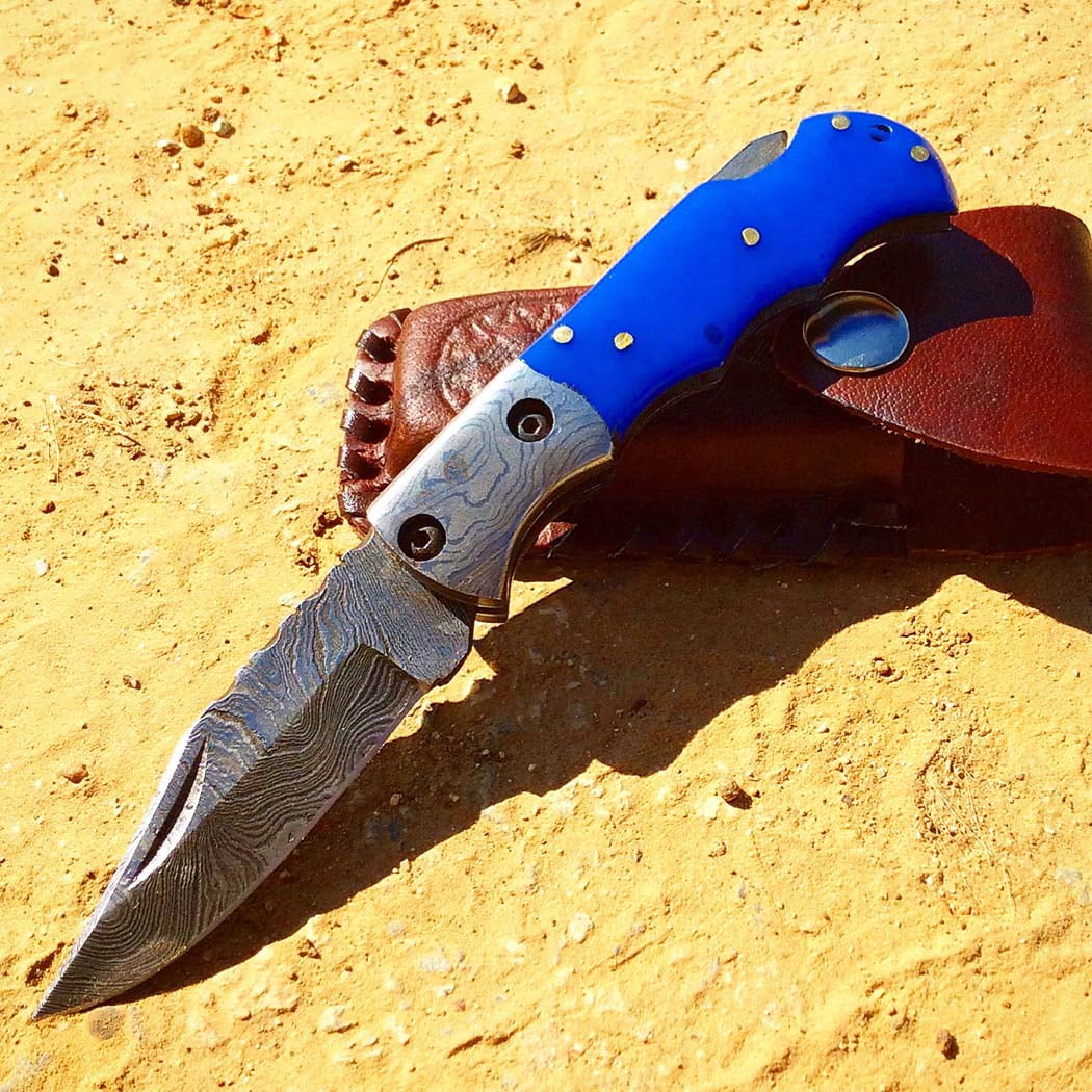 TheBoneEdge 6.5" Damascus Blade Folding Knife Blue Handle With Leather ...