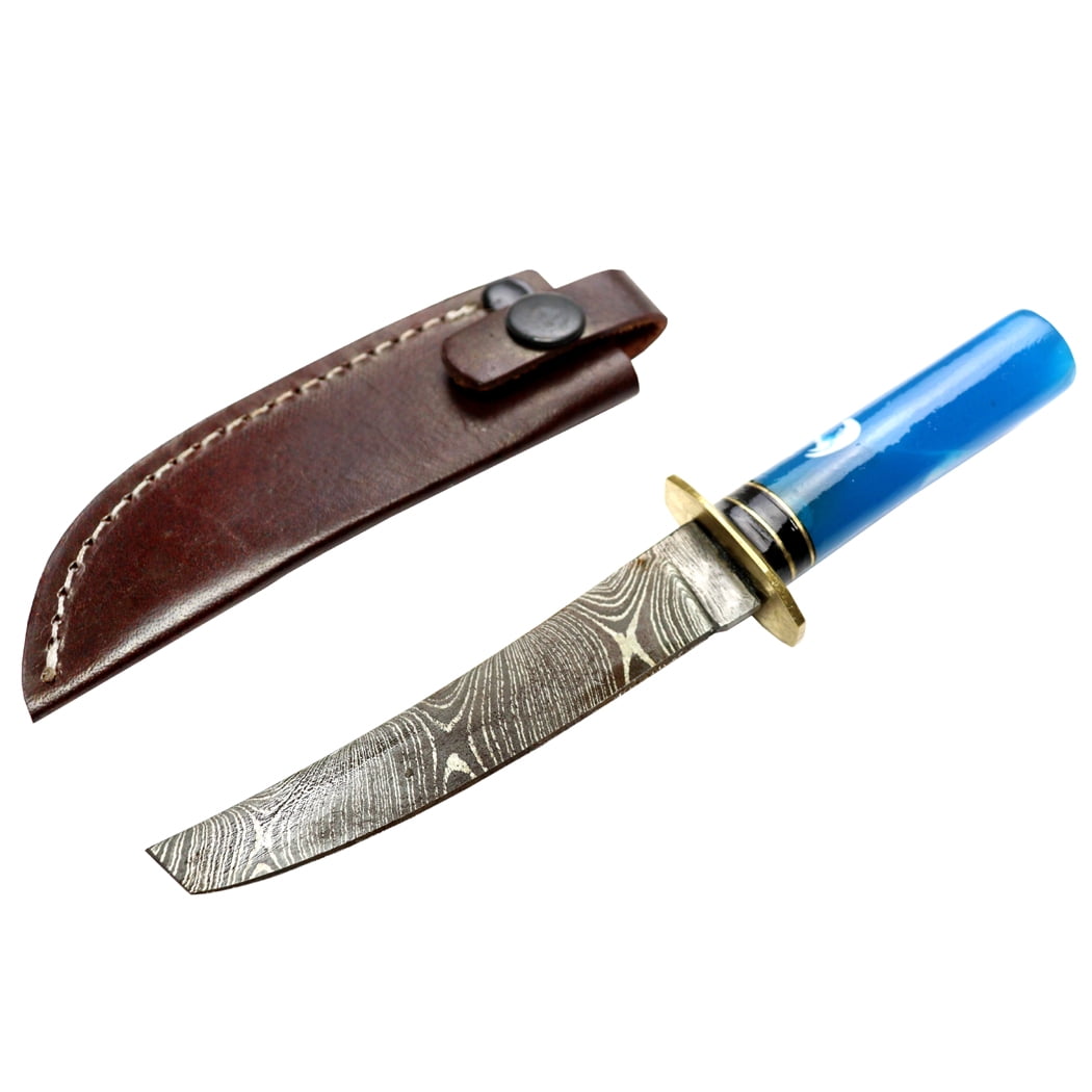 TheBoneEdge 6" Damascus Fixed Blade Blue Resin Handle Hunting Knife ...