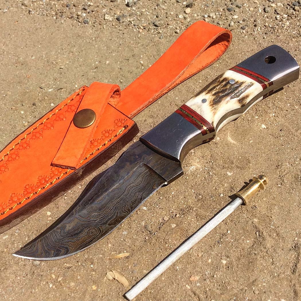 9" Handmade Full Tang Damascus Steel Fixed Blade Hunting Knife Stag ...