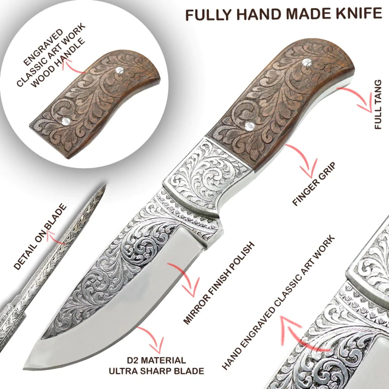 TheBoneEdge 9" Rose Wood Handle Engraved Blade Hand Made Tracker ...