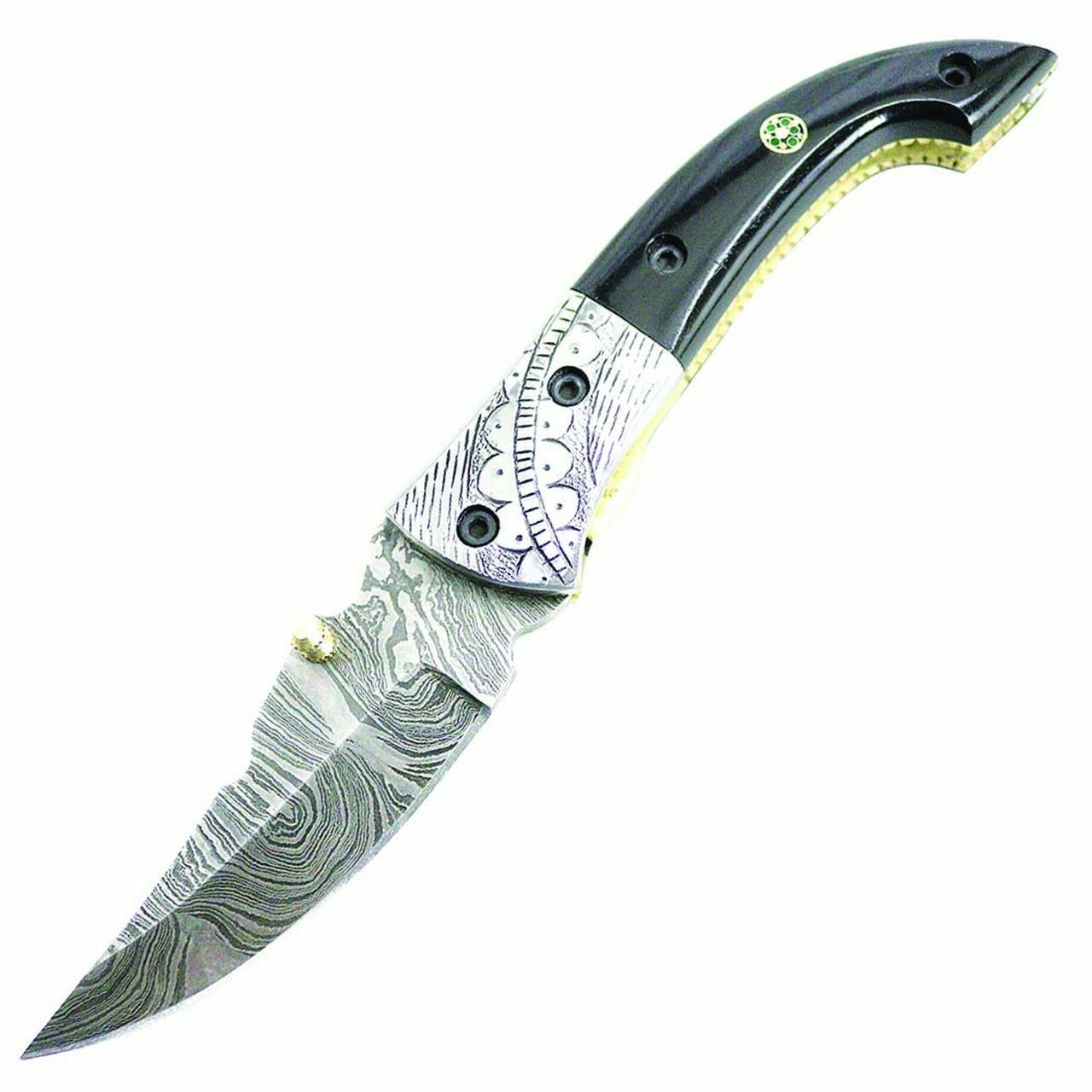 TheBoneEdge Style Blade Damascus Steel Folding Knife 8' with Leather ...