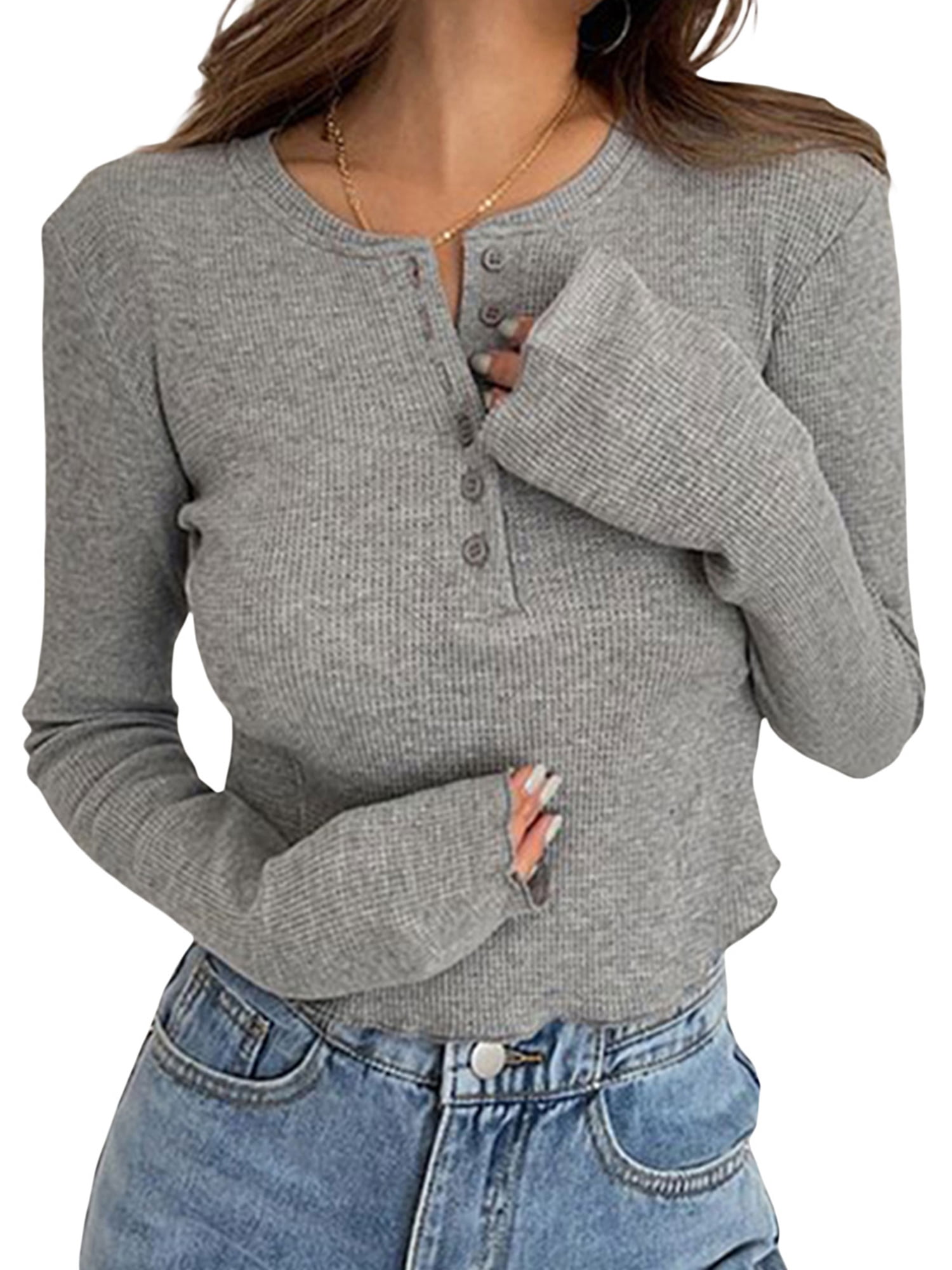 Thefound Women Sexy Long Sleeve Shirt Button Slim Fitted Henley Tee