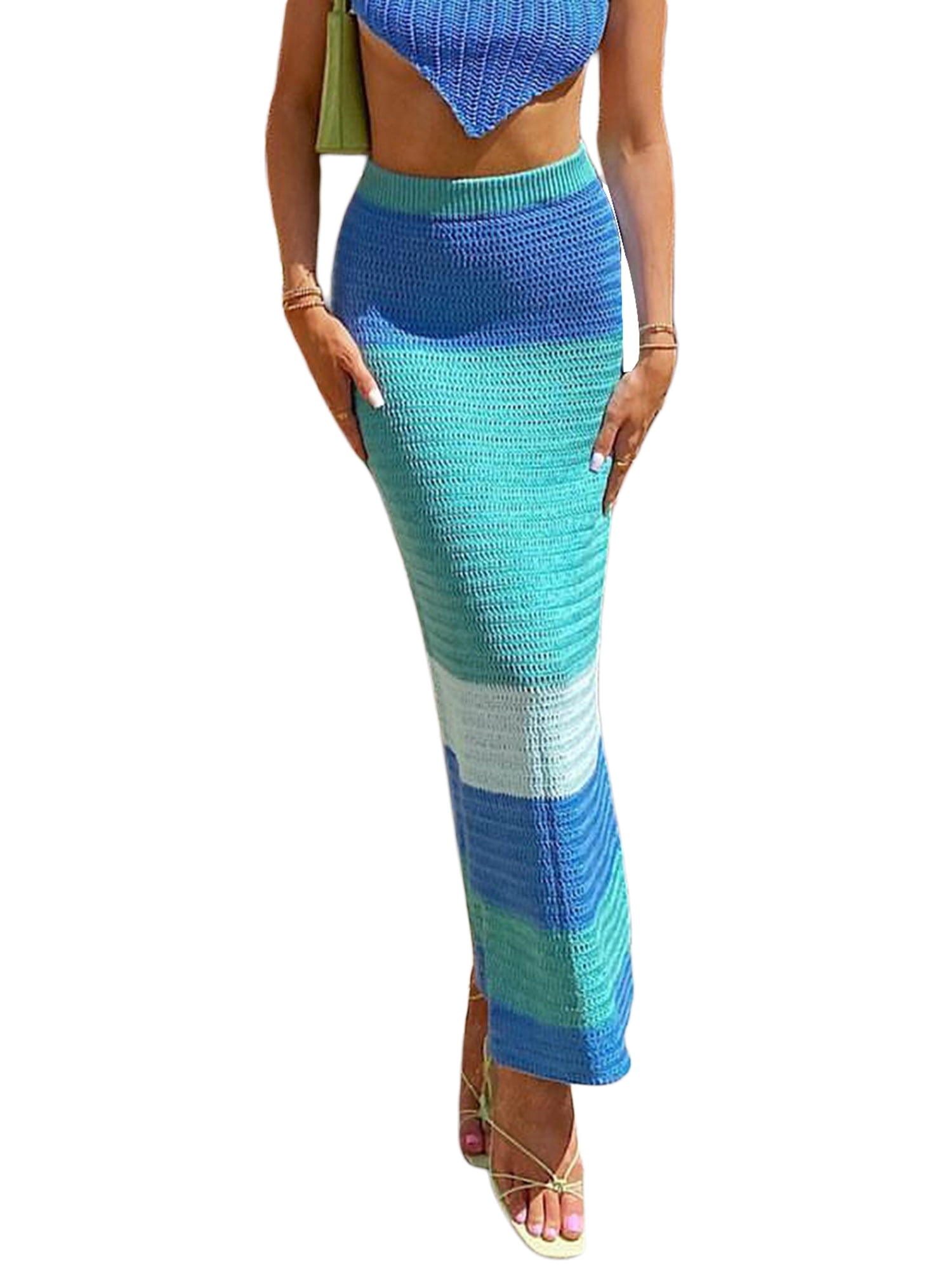 TheFound Womens Ribbed Knit Long Maxi Bodycon Pencil Skirt Elastic High ...