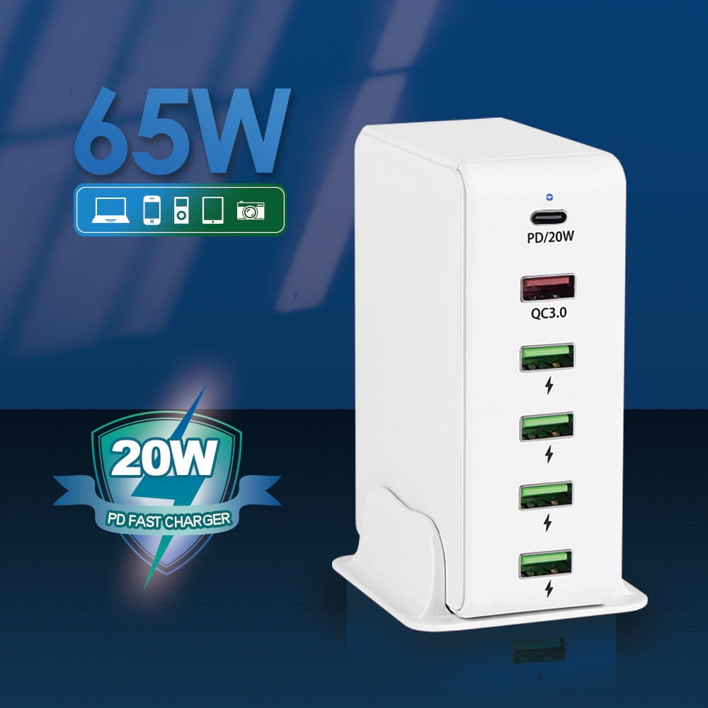 TheLSBeauty USB Tower 65W Charging Station, 6 Multi USB Ports Charger,1PD 1QC 4 USB Electric ...