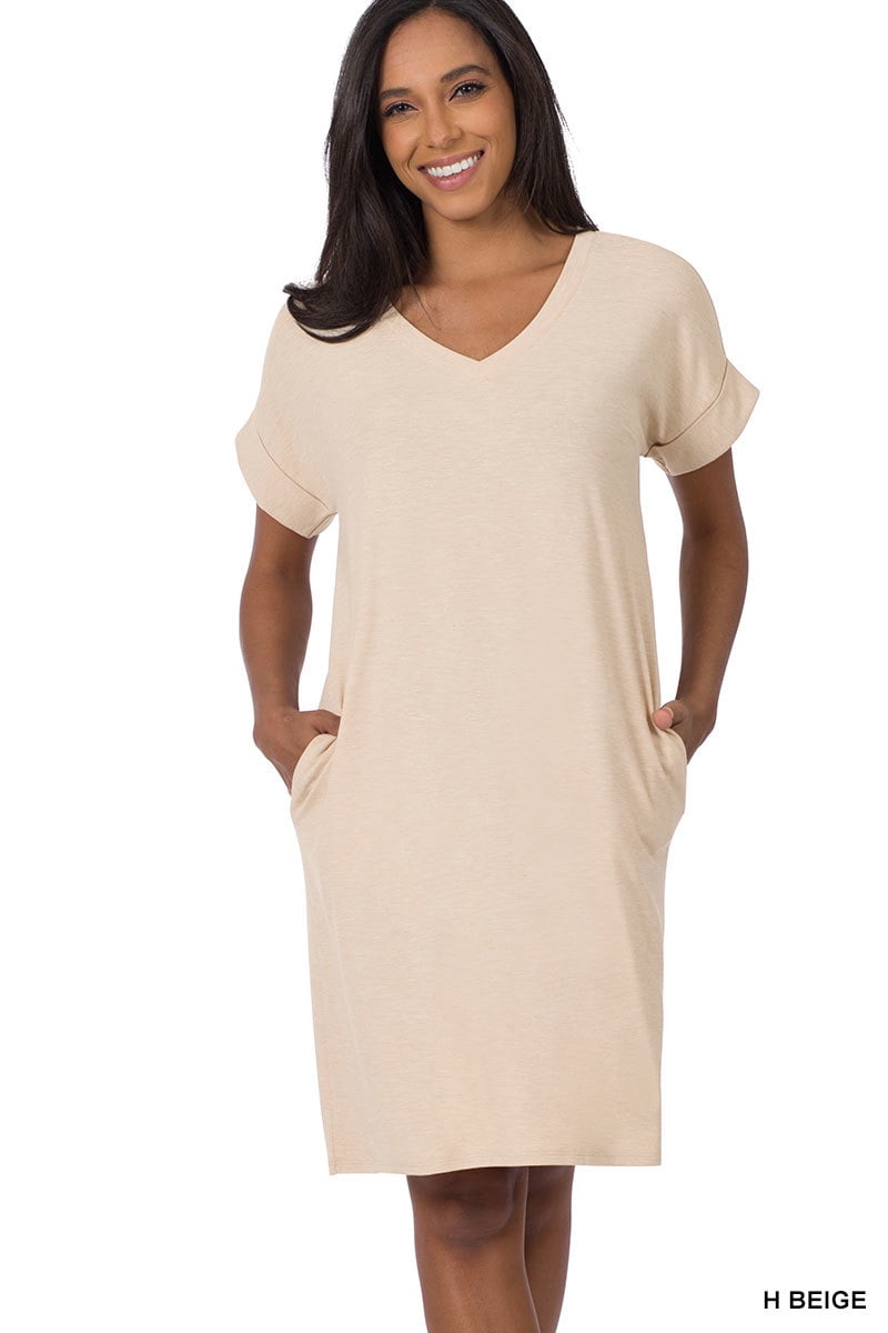 TheLovely Women & Plus Rolled Short Sleeve V-Neck Midi Trapeze Tunic ...