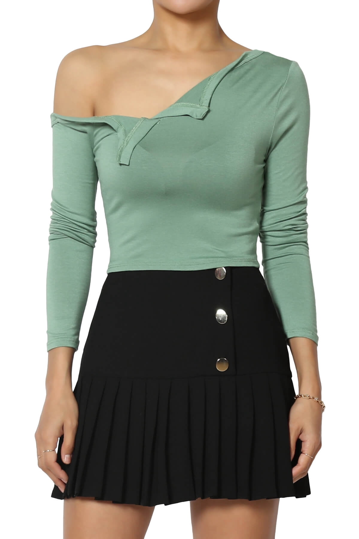 TheMogan Women's Asymmetric Neckline Long Sleeve Fitted Crop Top One ...