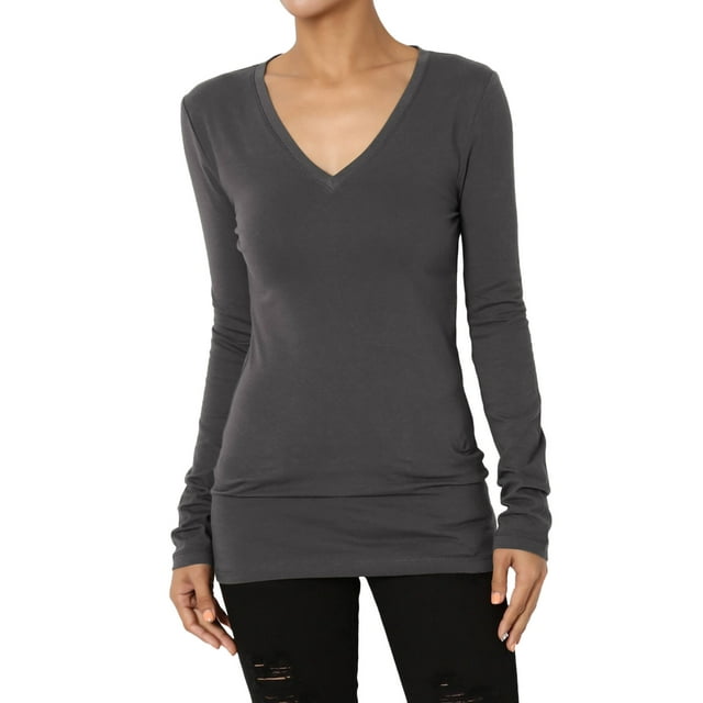 Themogan Womens Basic Plain Solid V Neck Long Sleeve Tee Cotton Fitted