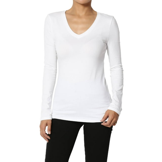 Themogan Womens Basic Plain Solid V Neck Long Sleeve Tee Cotton Fitted