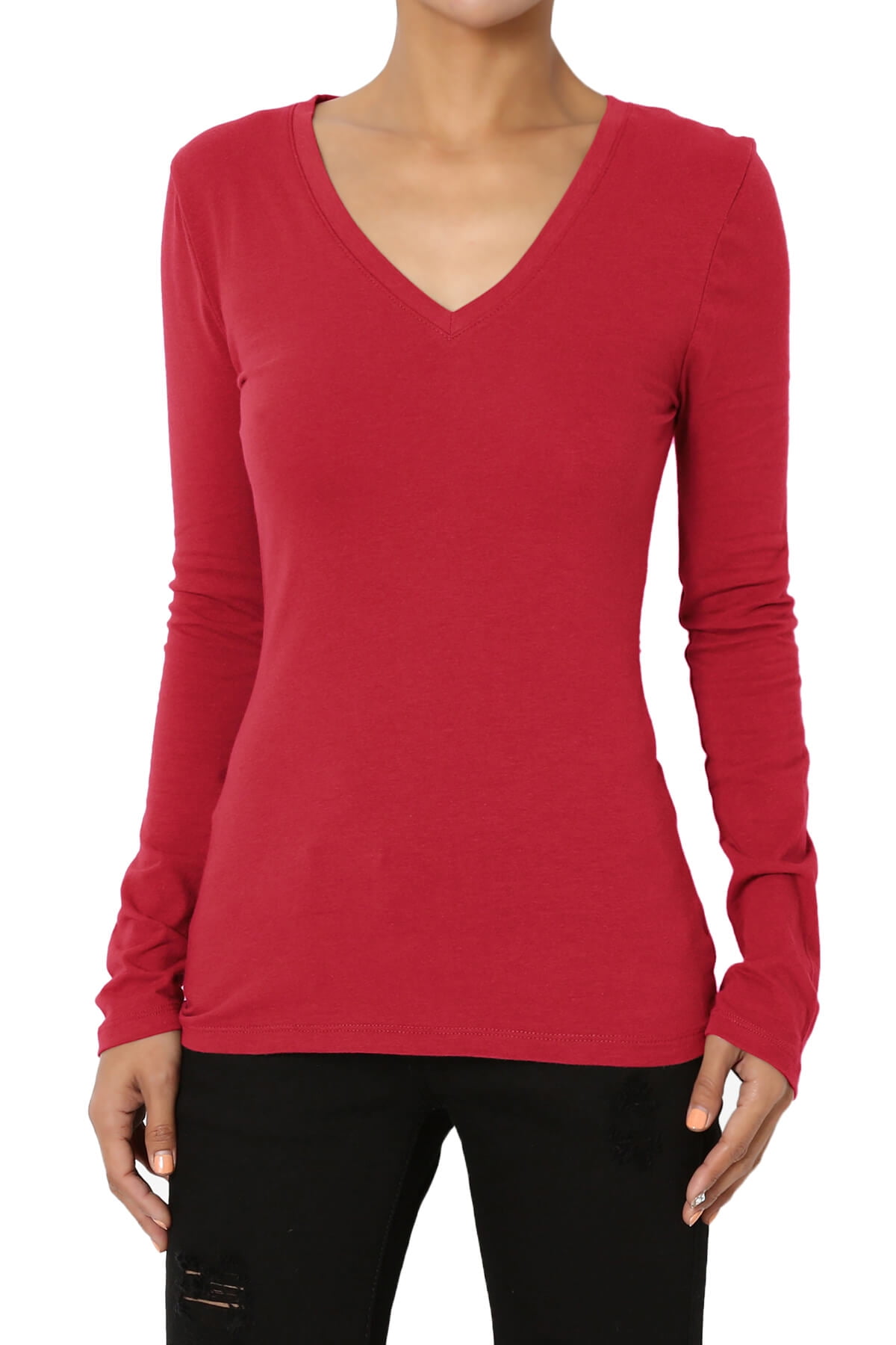 TheMogan Women's Basic Plain Solid V-Neck Long Sleeve Tee Cotton Fitted ... TheMogan Women's Basic Plain Solid V-Neck Long Sleeve Tee Cotton Fitted ...