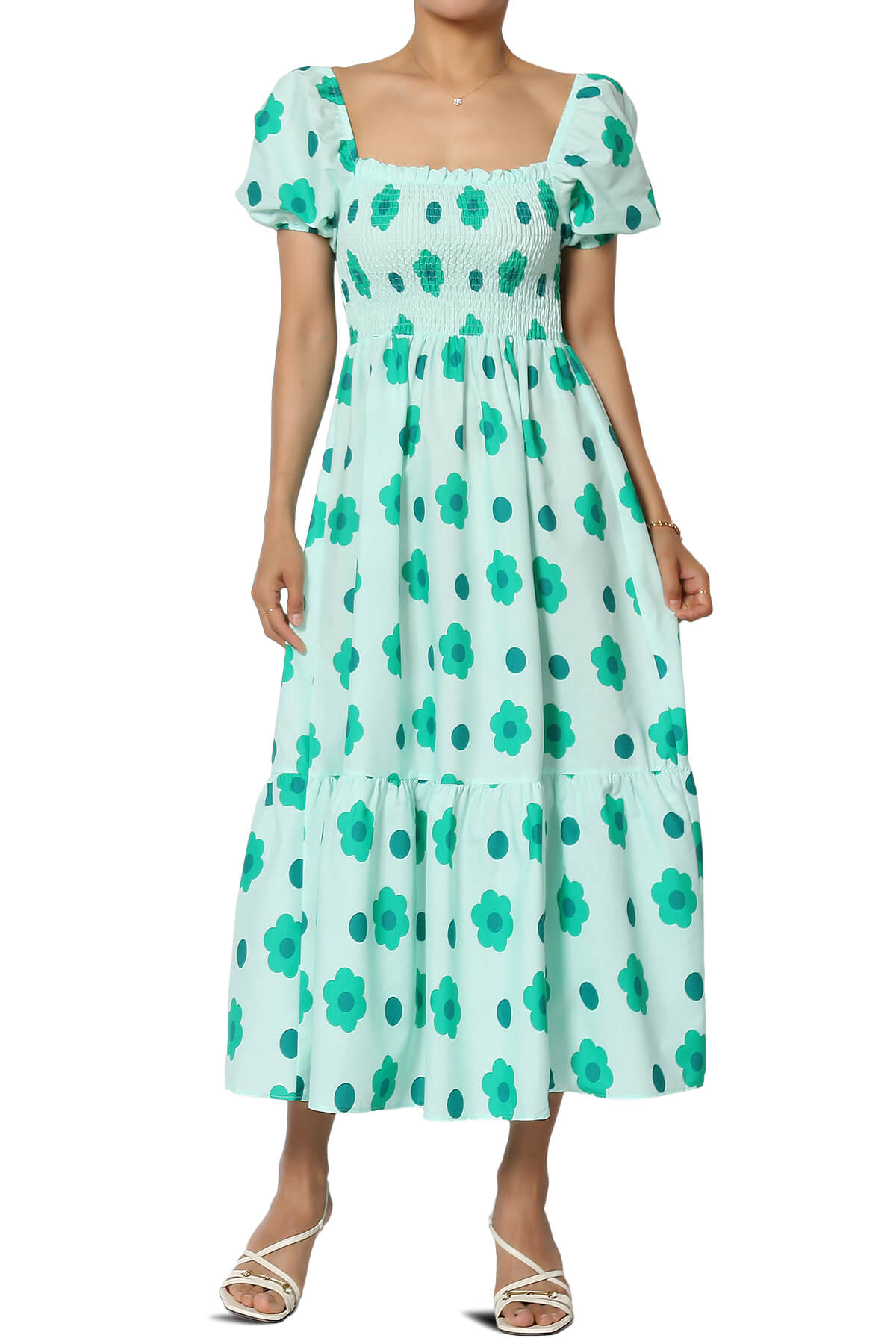 TheMogan Women's Bohemian Floral Midi Dress Summer Puff Sleeve Smocked ...