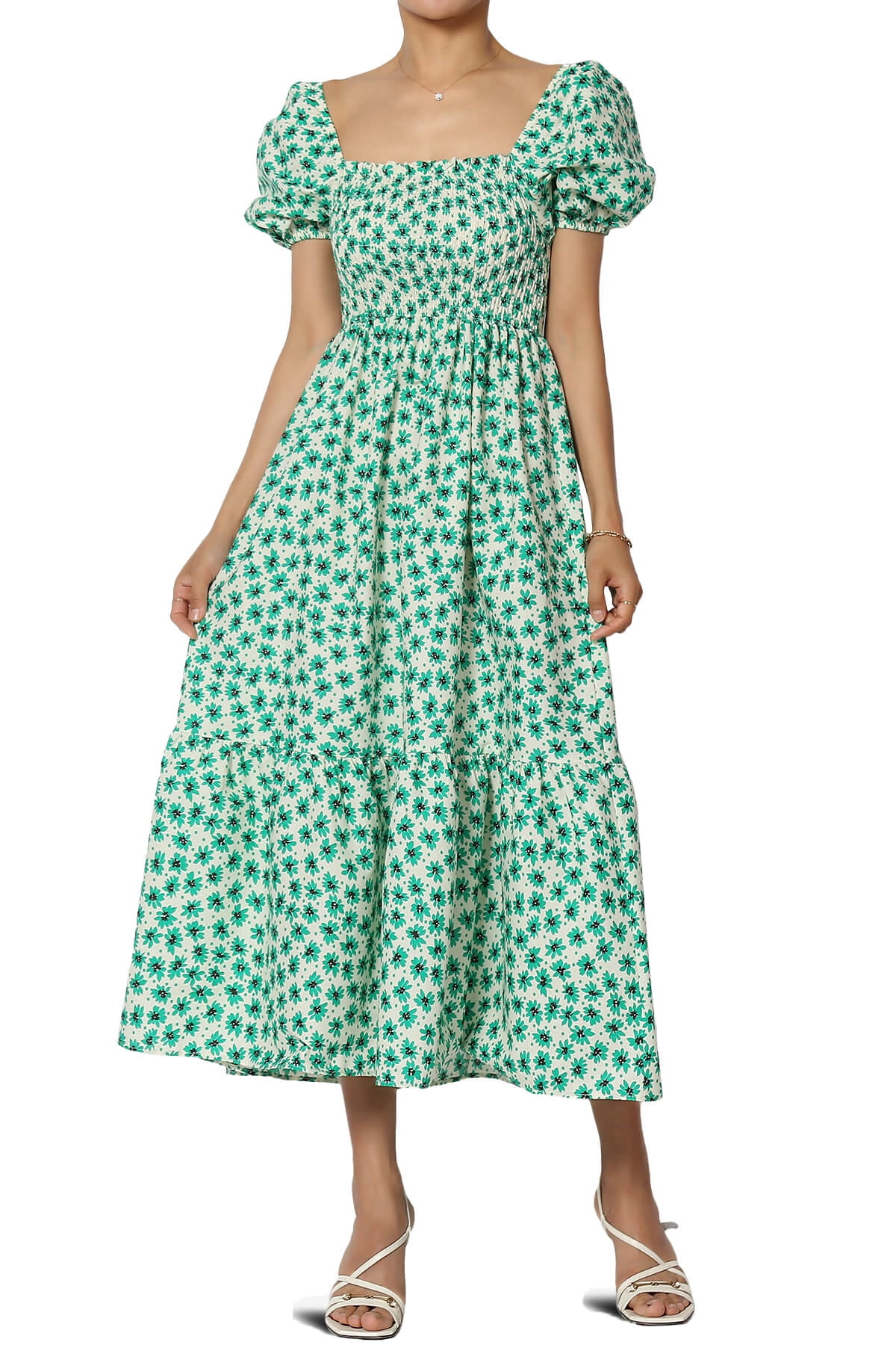 TheMogan Women's Bohemian Floral Midi Dress Summer Puff Sleeve Smocked ...