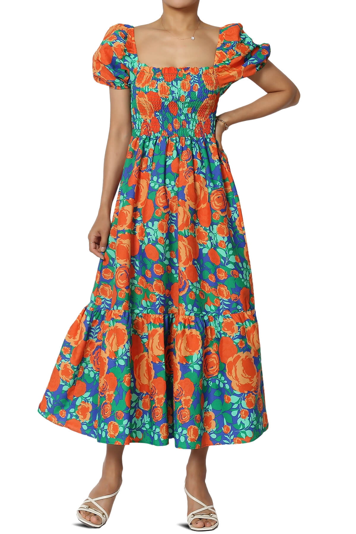 TheMogan Women's Bohemian Floral Midi Dress Summer Puff Sleeve Smocked ...