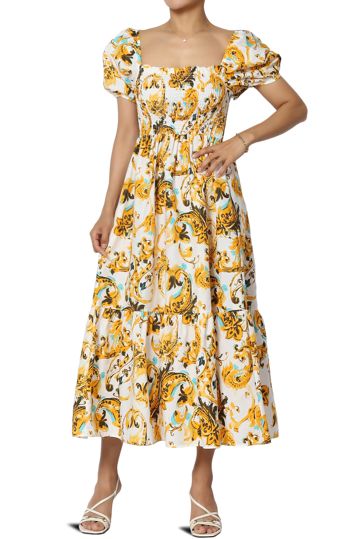 TheMogan Women's Bohemian Floral Midi Dress Summer Puff Sleeve Smocked ...