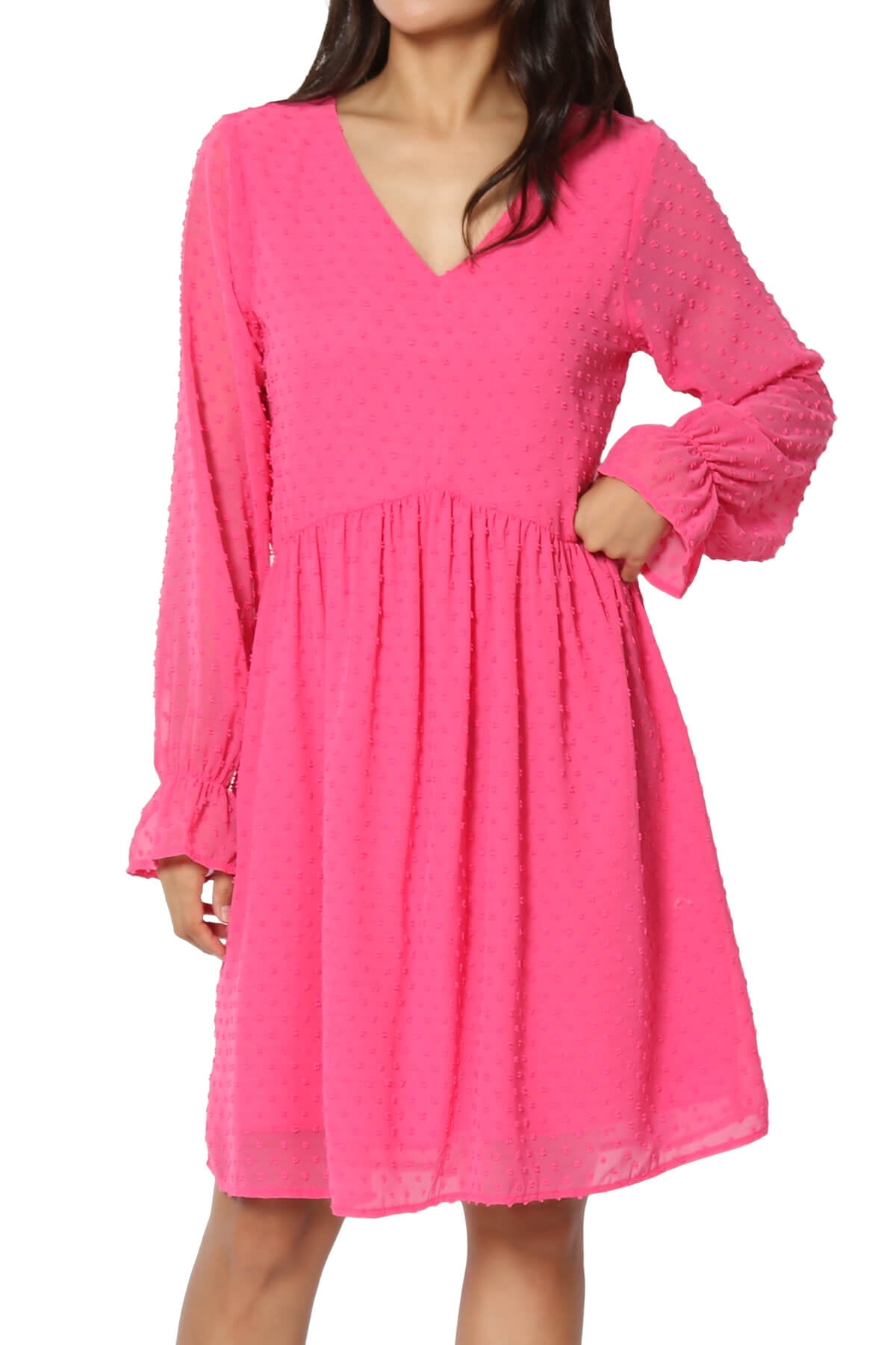 TheMogan Women's Boho Casual Long Sleeve V Neck Dot Chiffon A Line ...