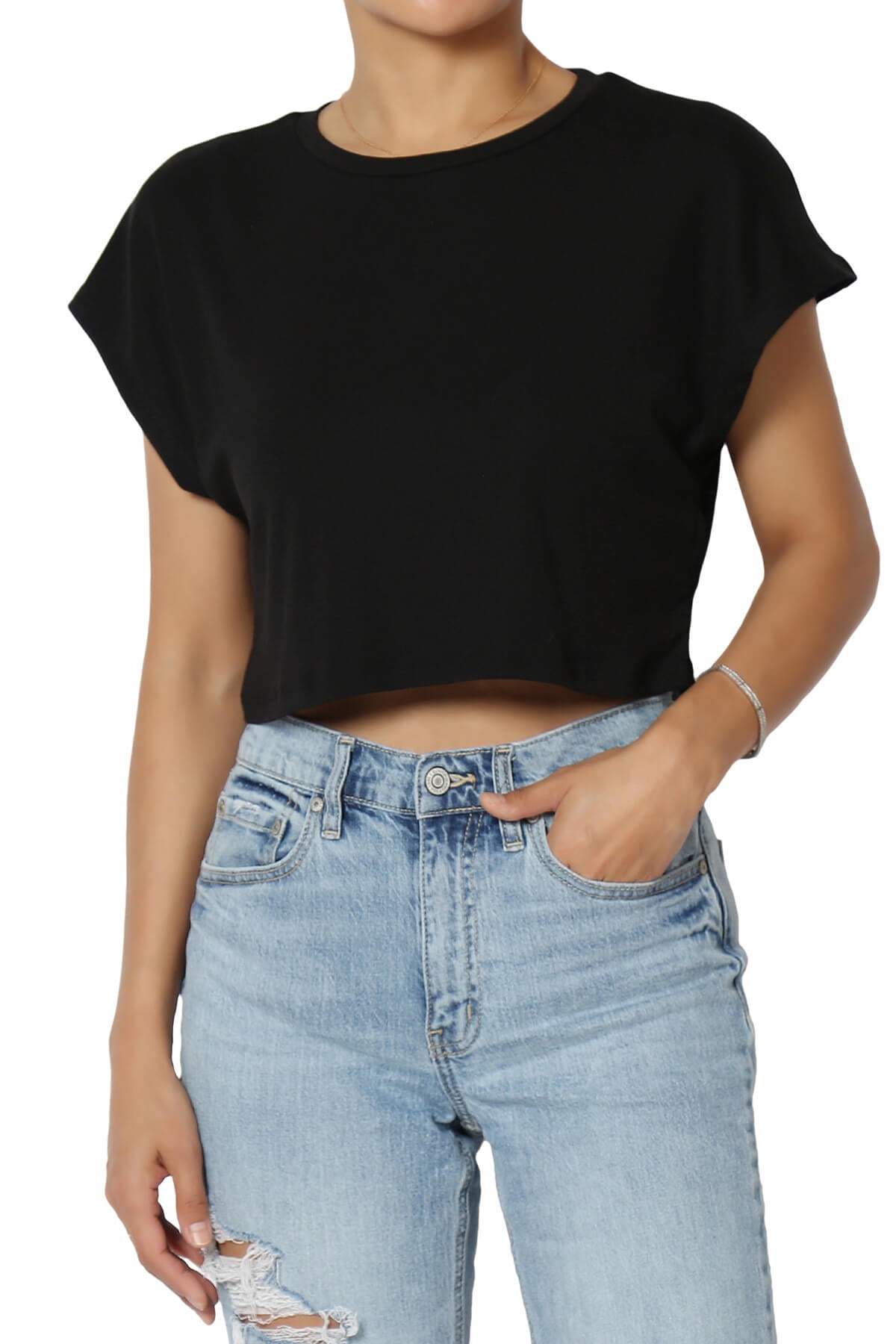 TheMogan Women's Boxy Crop Top Round Neck Short Sleeve Casual Loose Fit ...