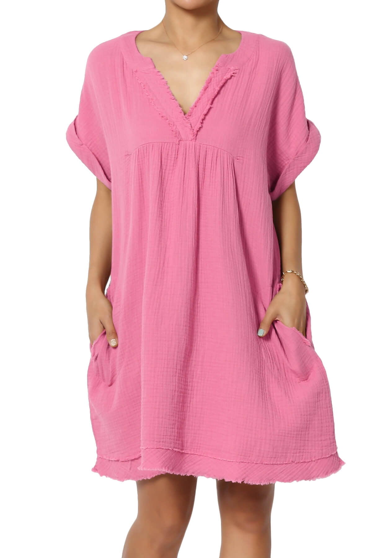 TheMogan Women's Casual Loose Short Sleeve V Neck Cotton Gauze Babydoll Shift Mini Dress Candy ...