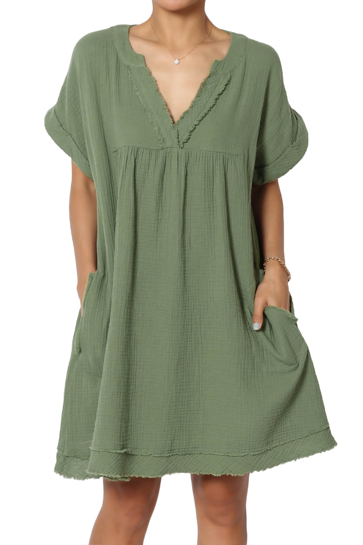 TheMogan Women's Casual Loose Short Sleeve V Neck Cotton Gauze Babydoll ...