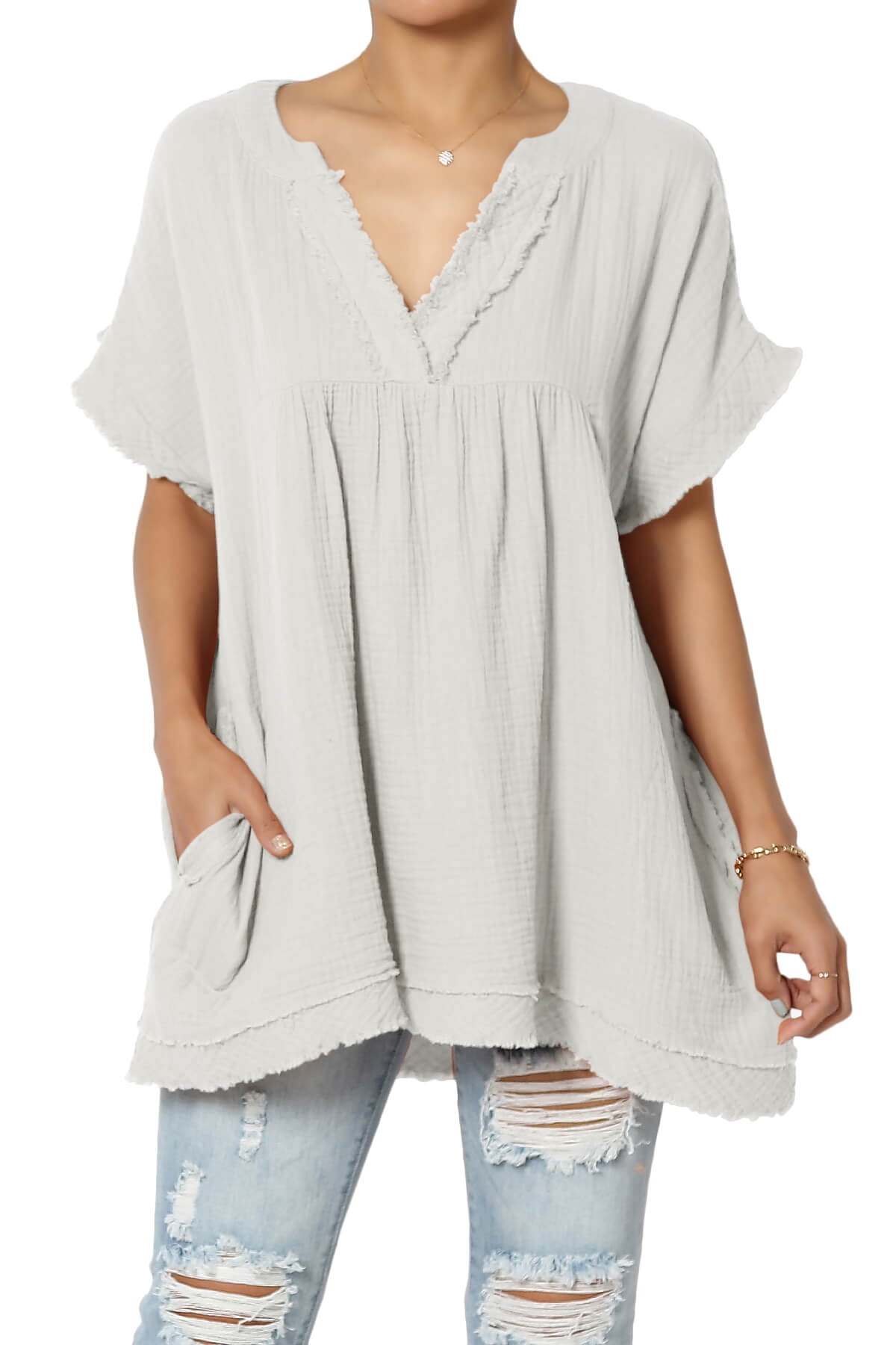 TheMogan Women's Lightweight Breathable Cotton Gauze Babydoll V Neck ...