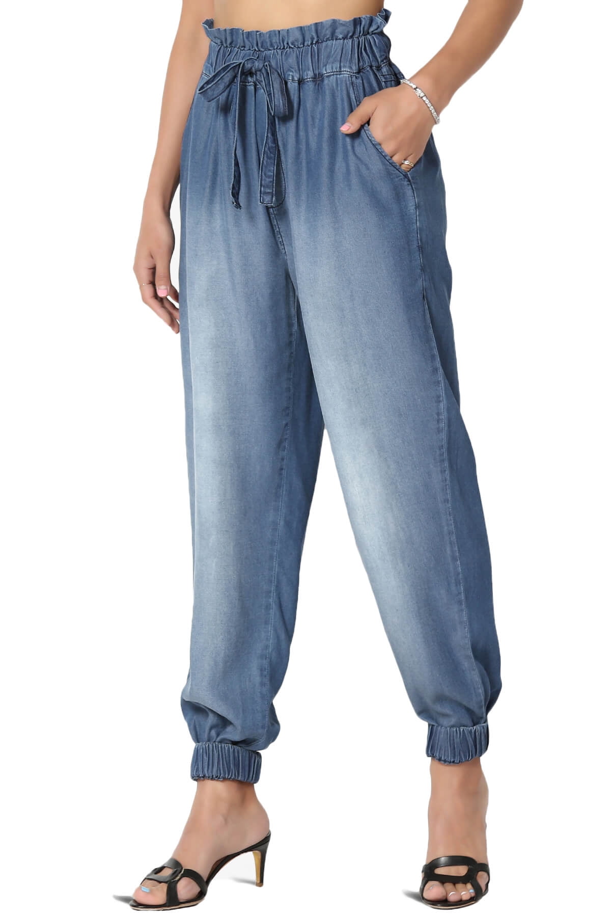 TheMogan Women's Chic Paperbag High Waist Chambray Joggers w Elastic ...