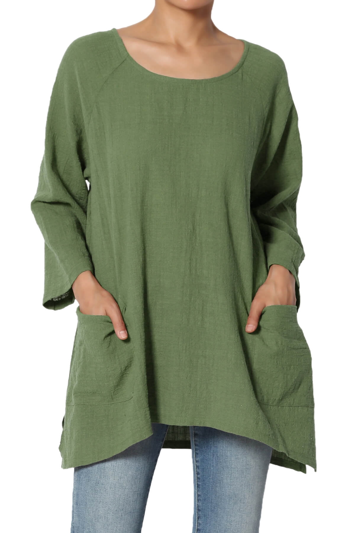 TheMogan Women's Crinkled Gauze Cotton Tunic, Dual Pocket, 3/4 Sleeve ...