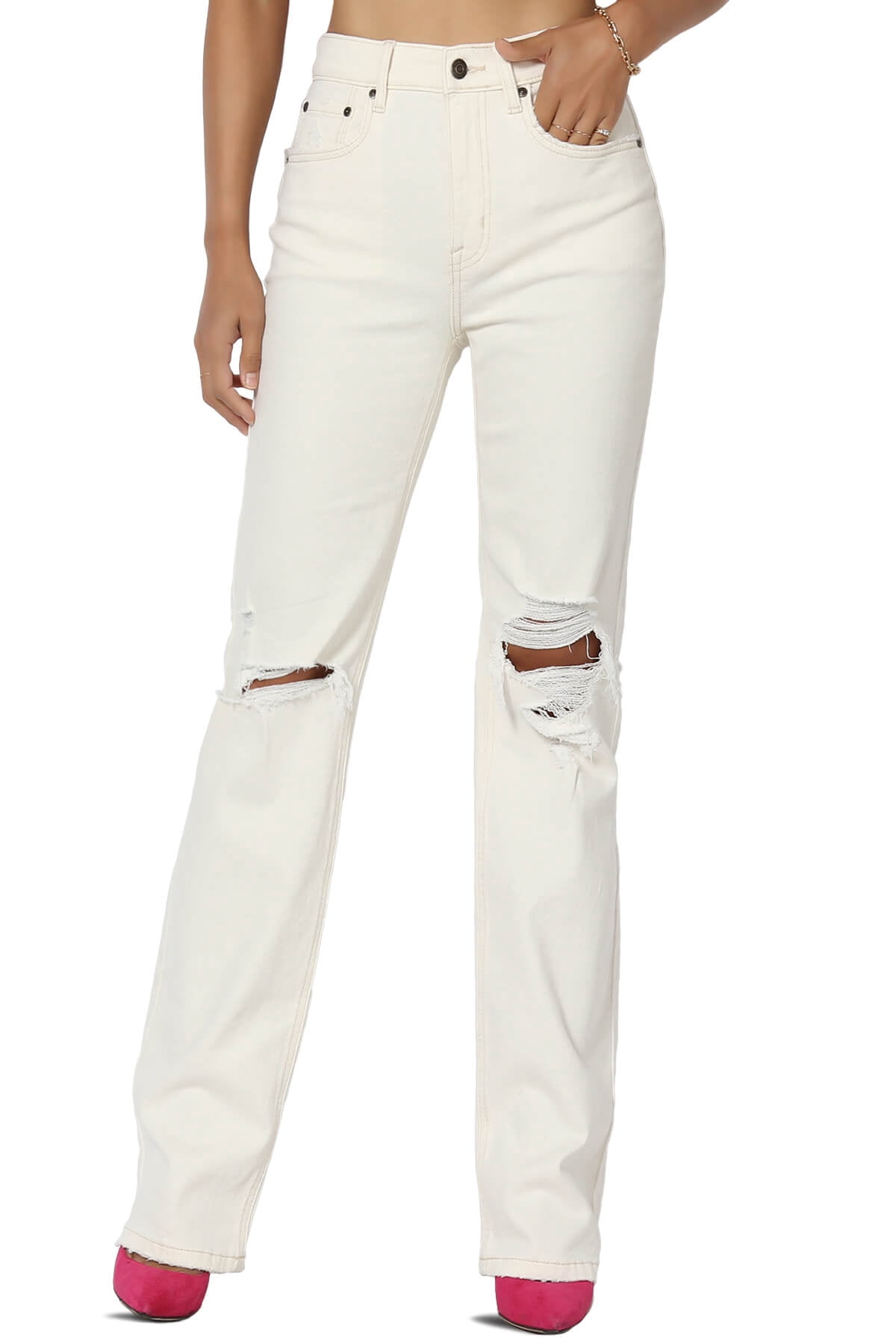 TheMogan Women's Distressed Rip High Rise Stretch Dad Boyfriend Wide ...