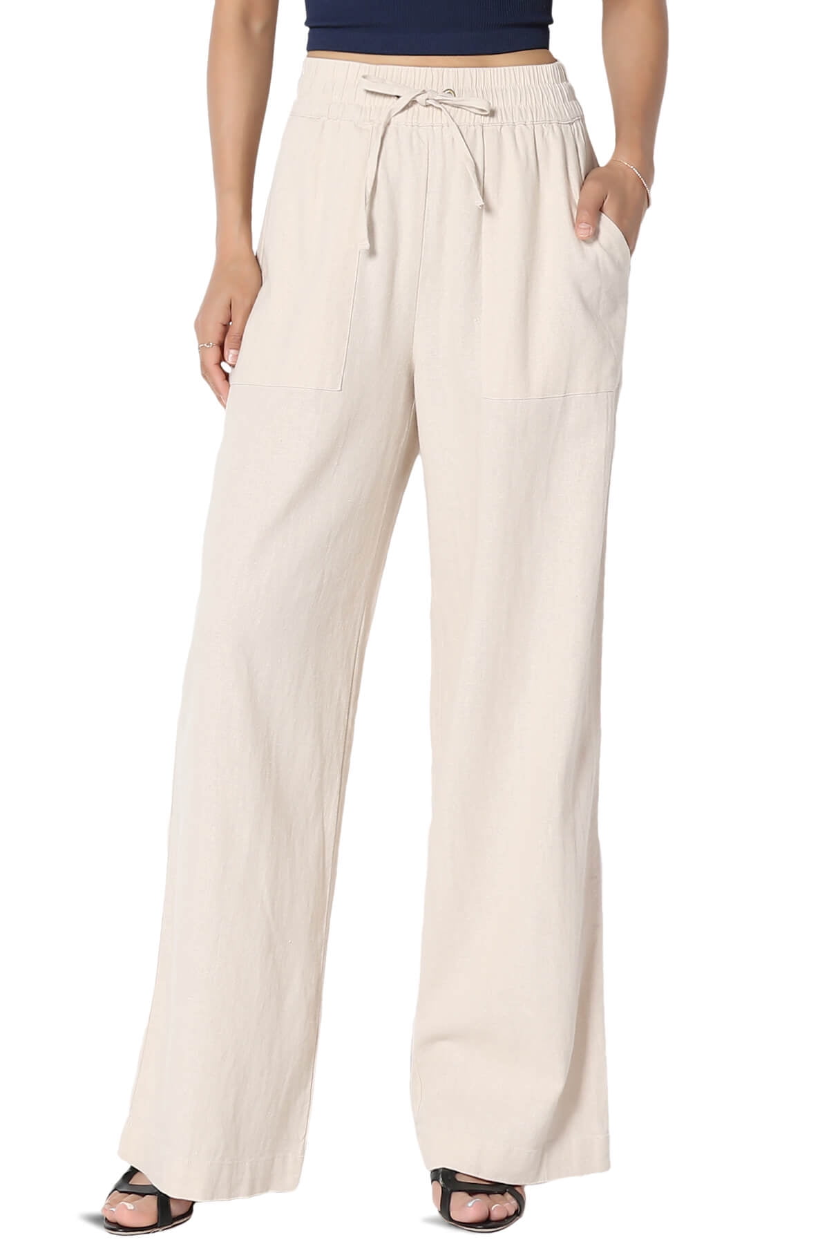 TheMogan Women's Elastic Drawstring Waist High Rise Linen Blend Pull On ...
