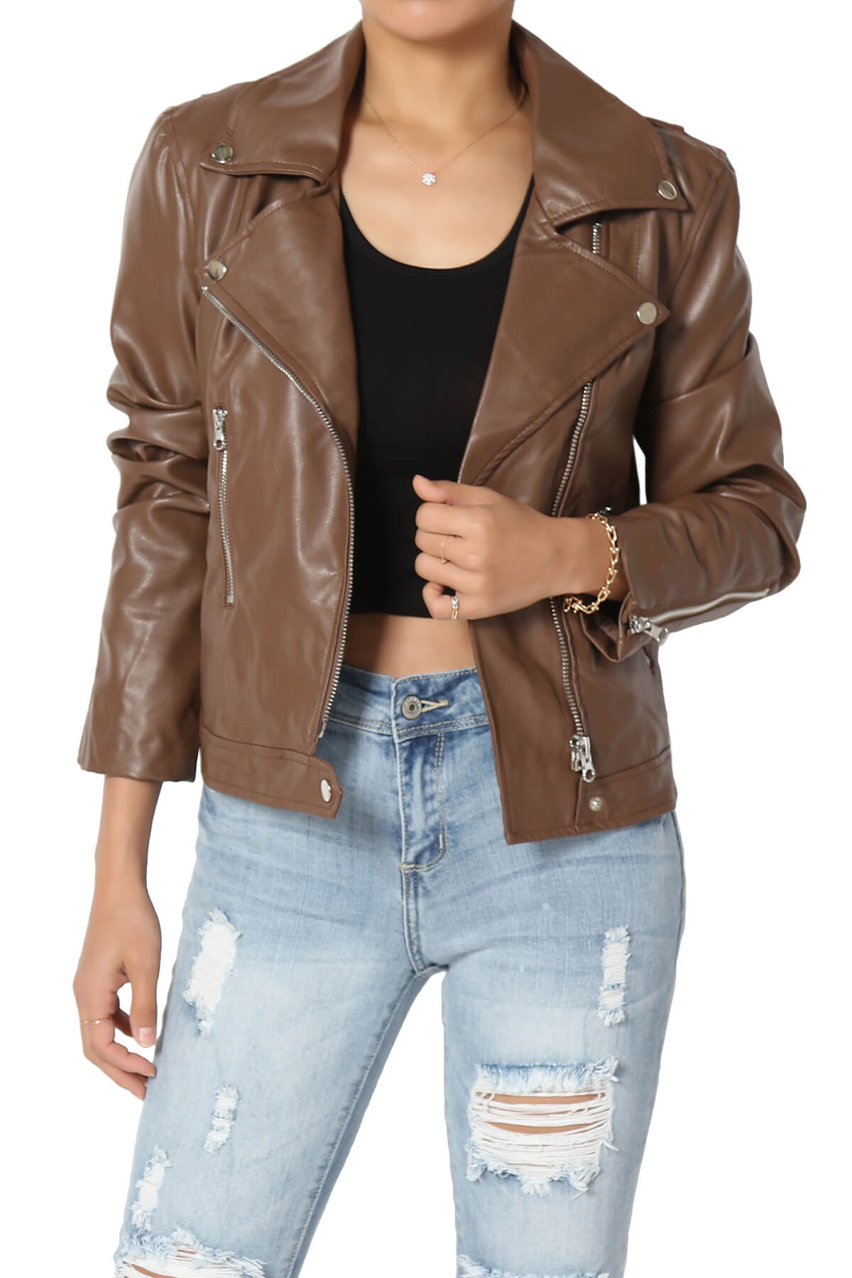 TheMogan Women's Faux Leather Belted Slim Biker Moto Jacket ...