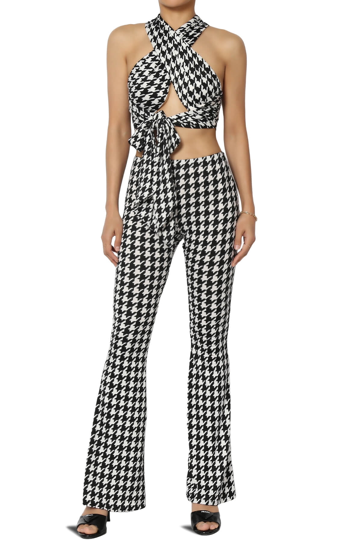 TheMogan Women's Houndstooth Multi Way Wrap Crop Top & Stretch Jersey ...