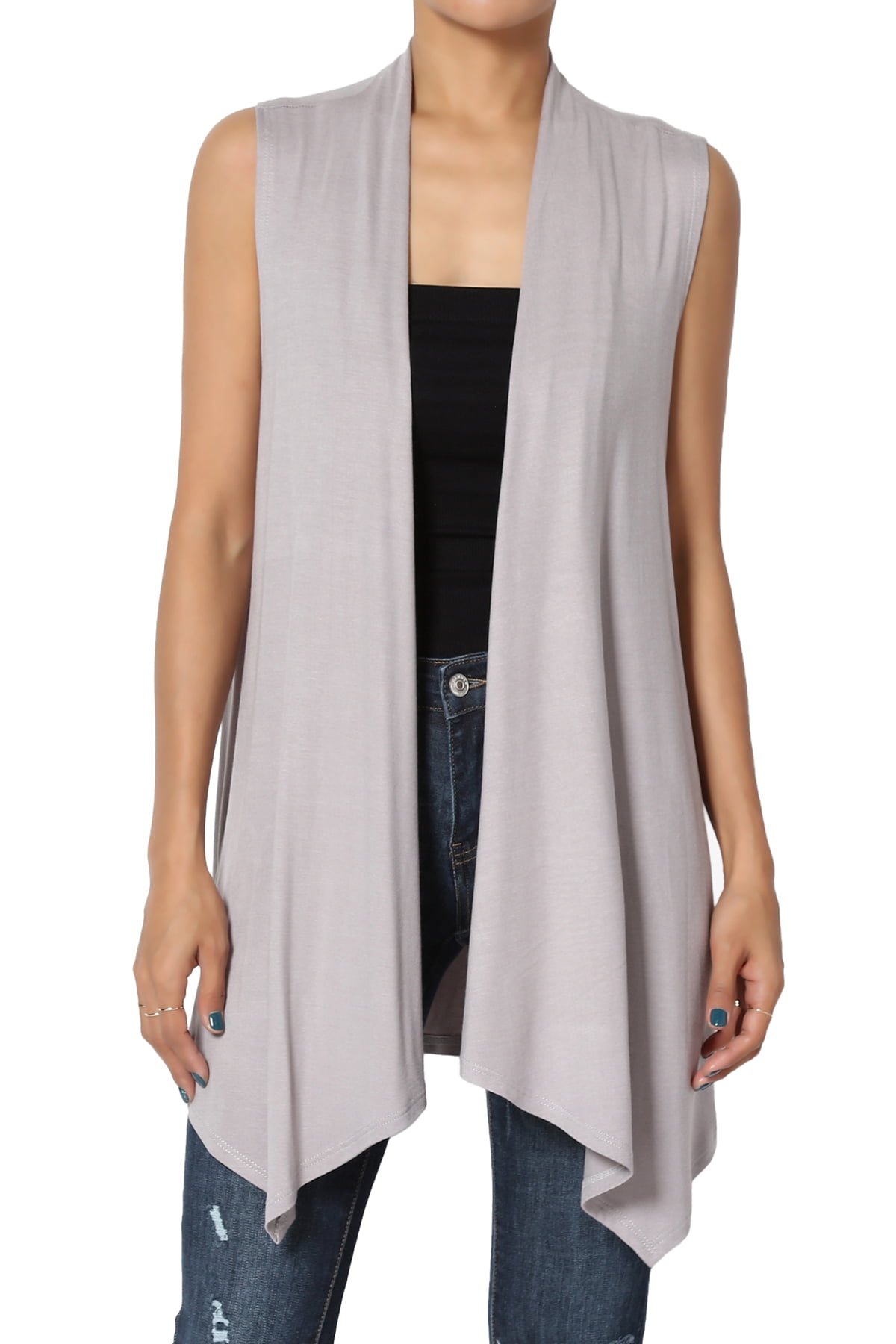 TheMogan Women's Long Vests Sleeveless Draped Lightweight Open Front ...