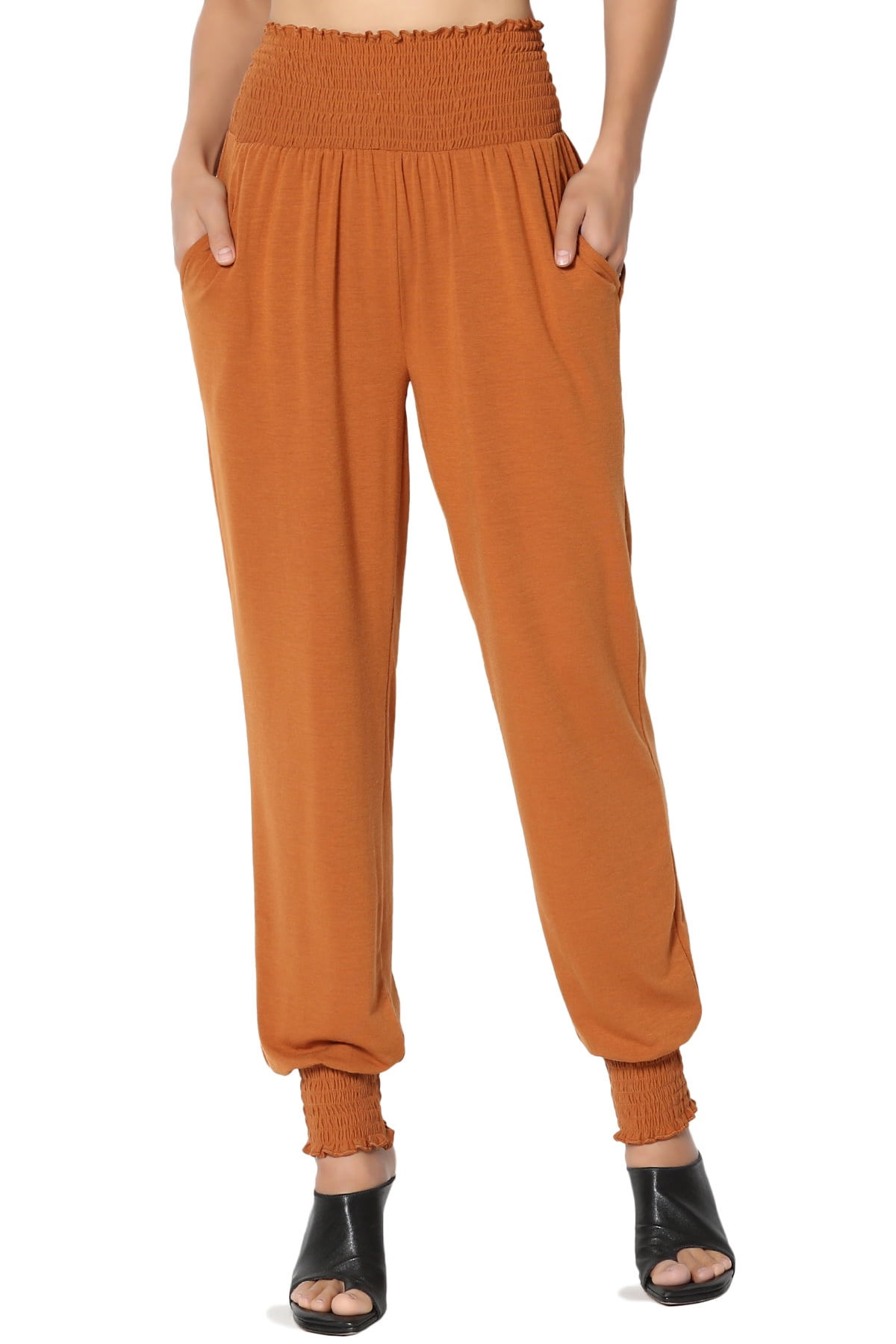 Themogan Womens Plus High Rise Smocked Elastic Waist Pull On Harem
