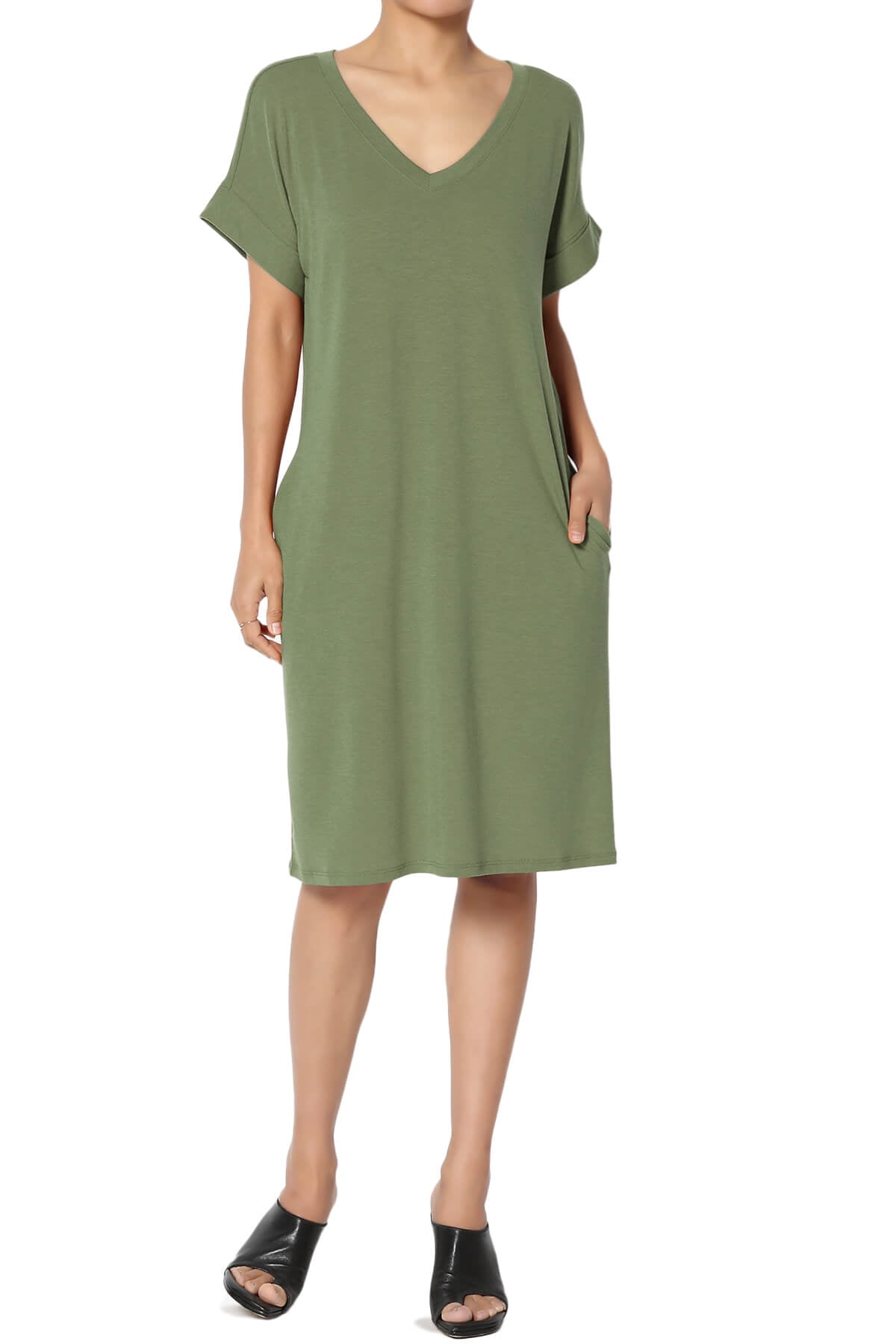 TheMogan Women's PLUS Jersey Cuffed Short Sleeve V-Neck Boxy Pocket T ...