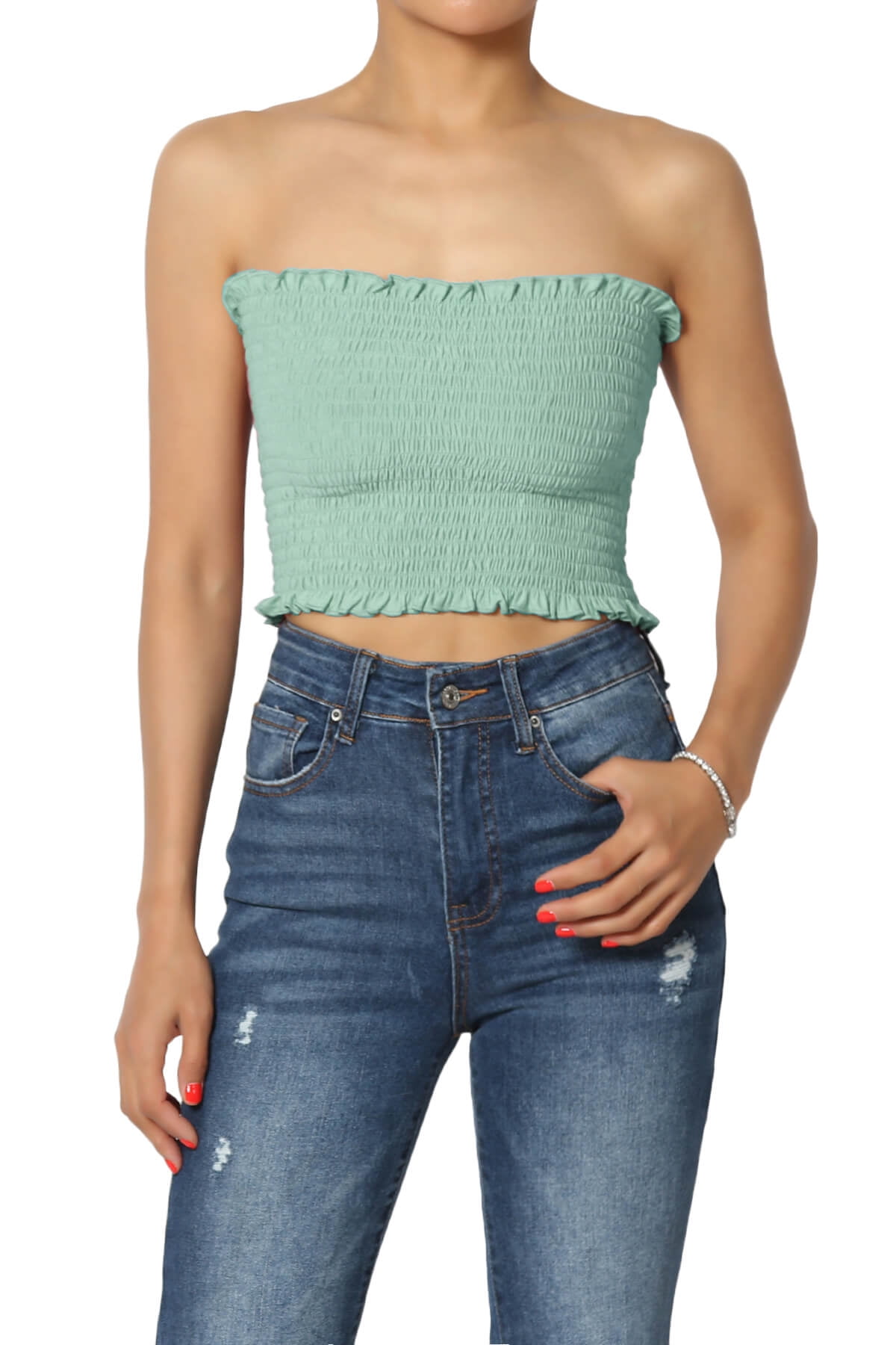 TheMogan Women's PLUS Strapless Frilled Trim Shirred Smock Crop Tube ...