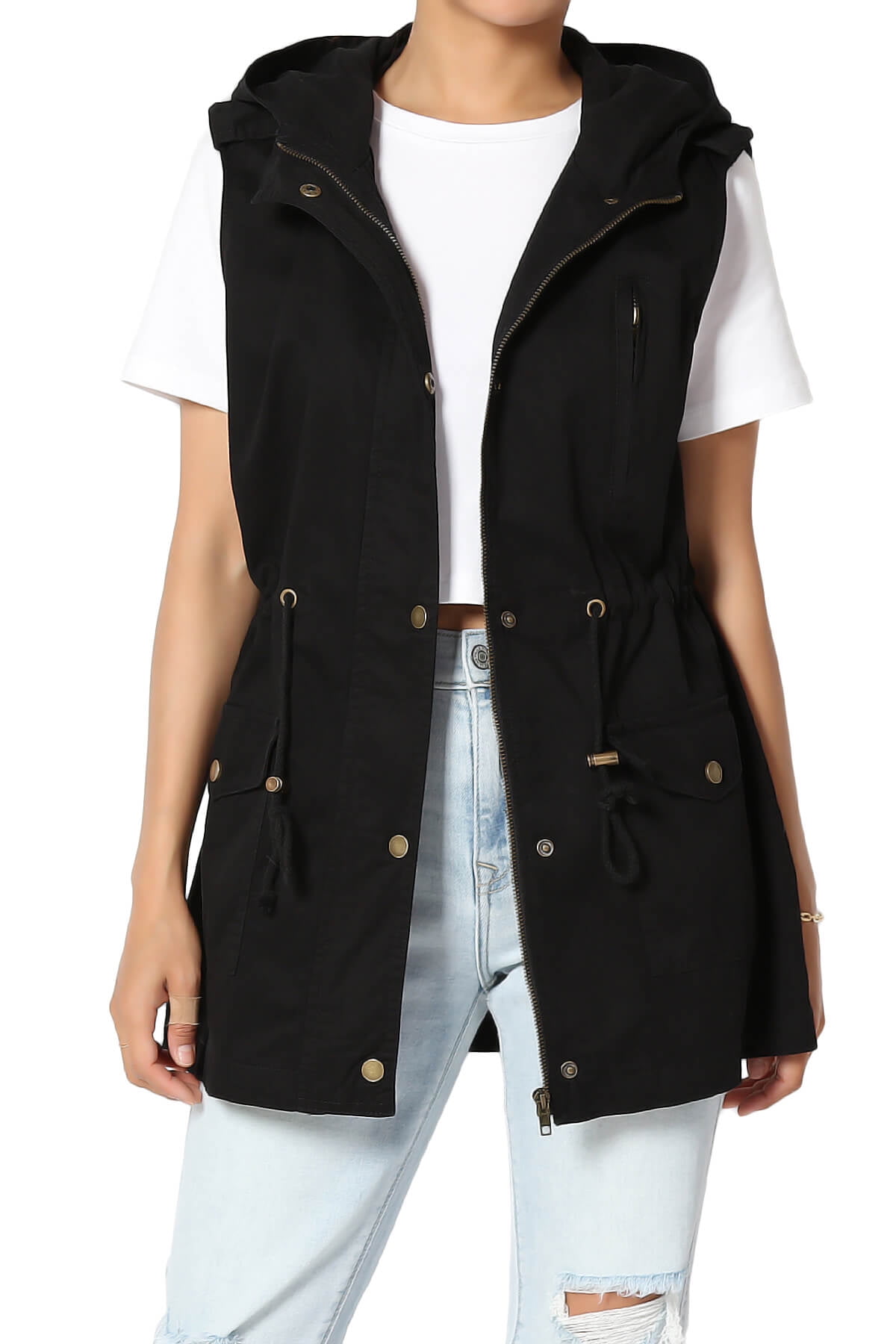 TheMogan Women's S~3X Drawstring Loose Fit Utility Vest Sleeveless ...