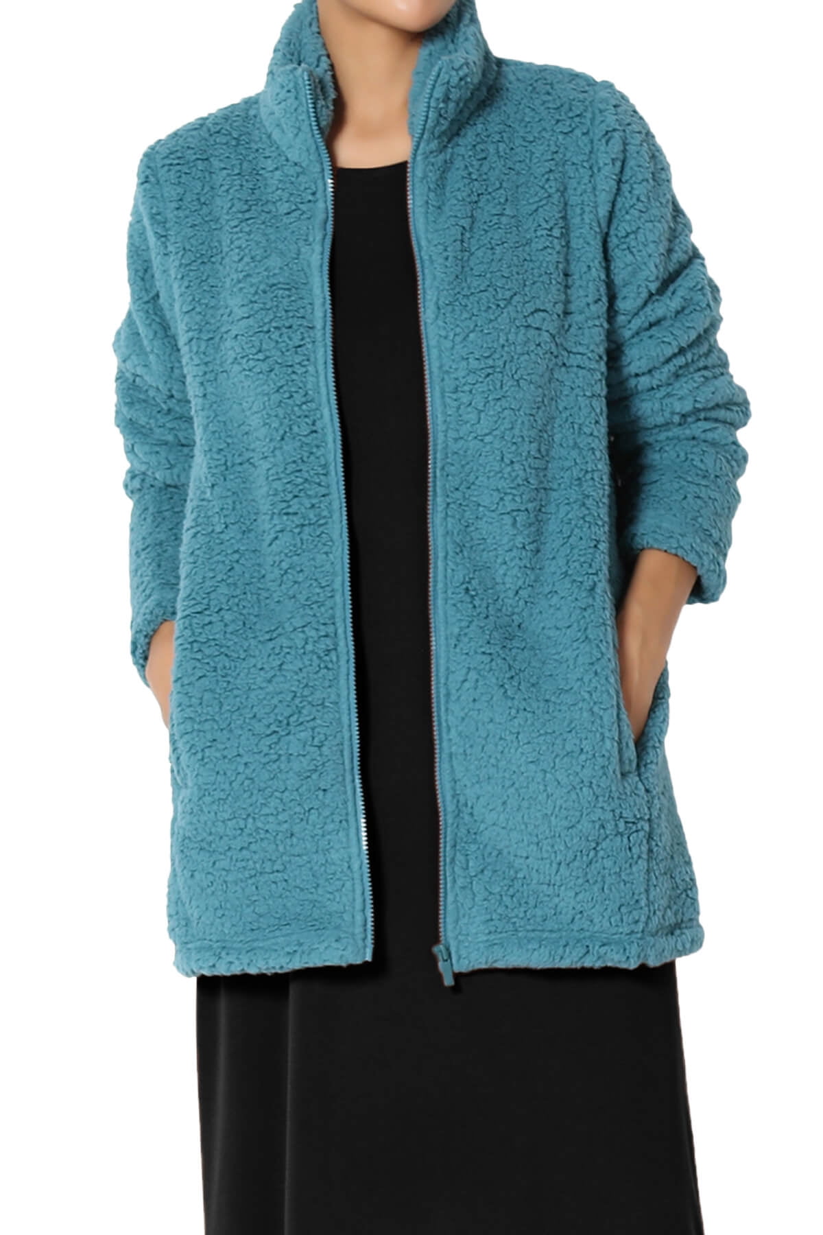 TheMogan Women's S~3X High Neck Zip Up Soft Short Teddy Jacket Fuzzy ...