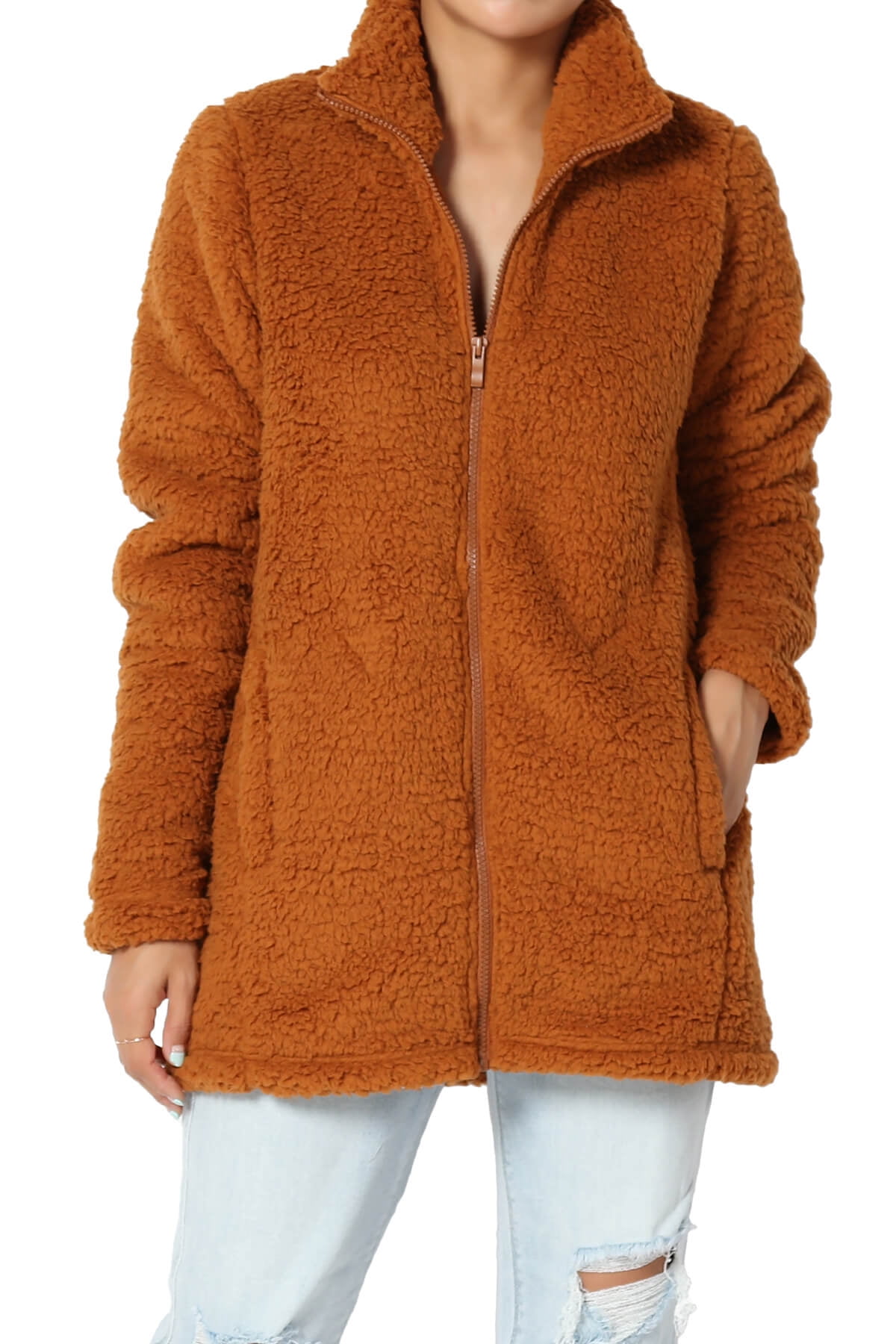 TheMogan Women's S~3X High Neck Zip Up Soft Short Teddy Jacket Fuzzy ...