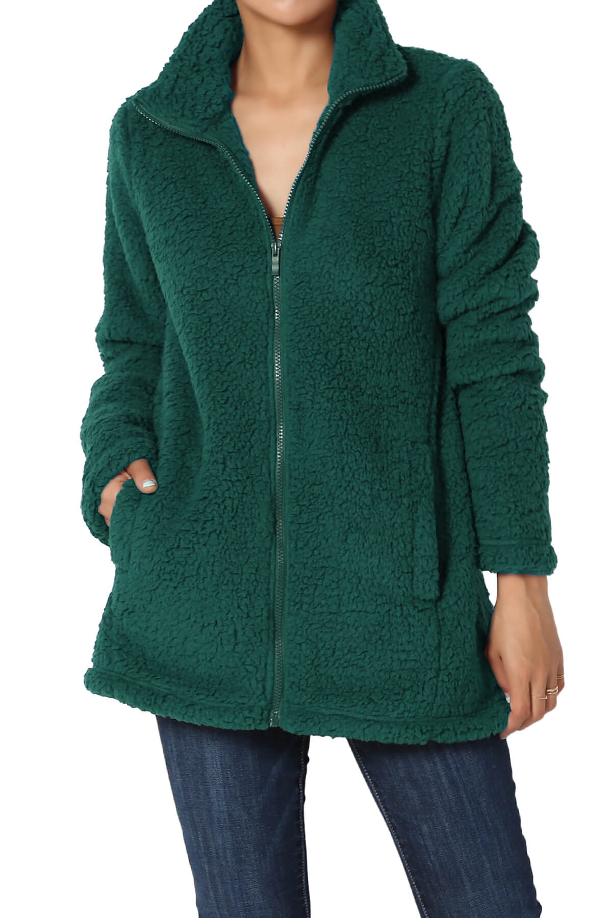 TheMogan Women's S~3X High Neck Zip Up Soft Short Teddy Jacket Fuzzy ...