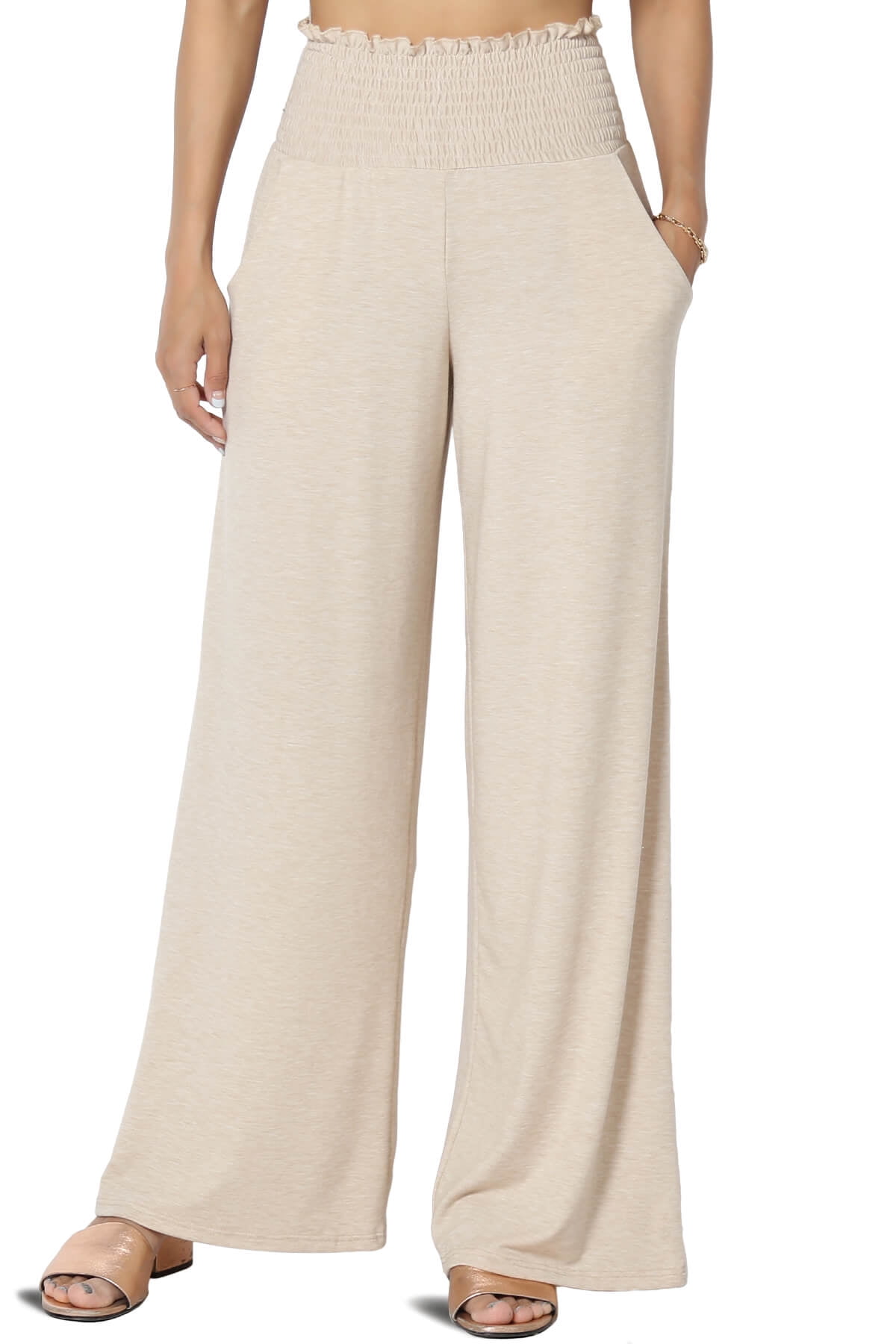 TheMogan Women's S~3X High Rise Smocked Elastic Waist Pull On Wide Leg ...