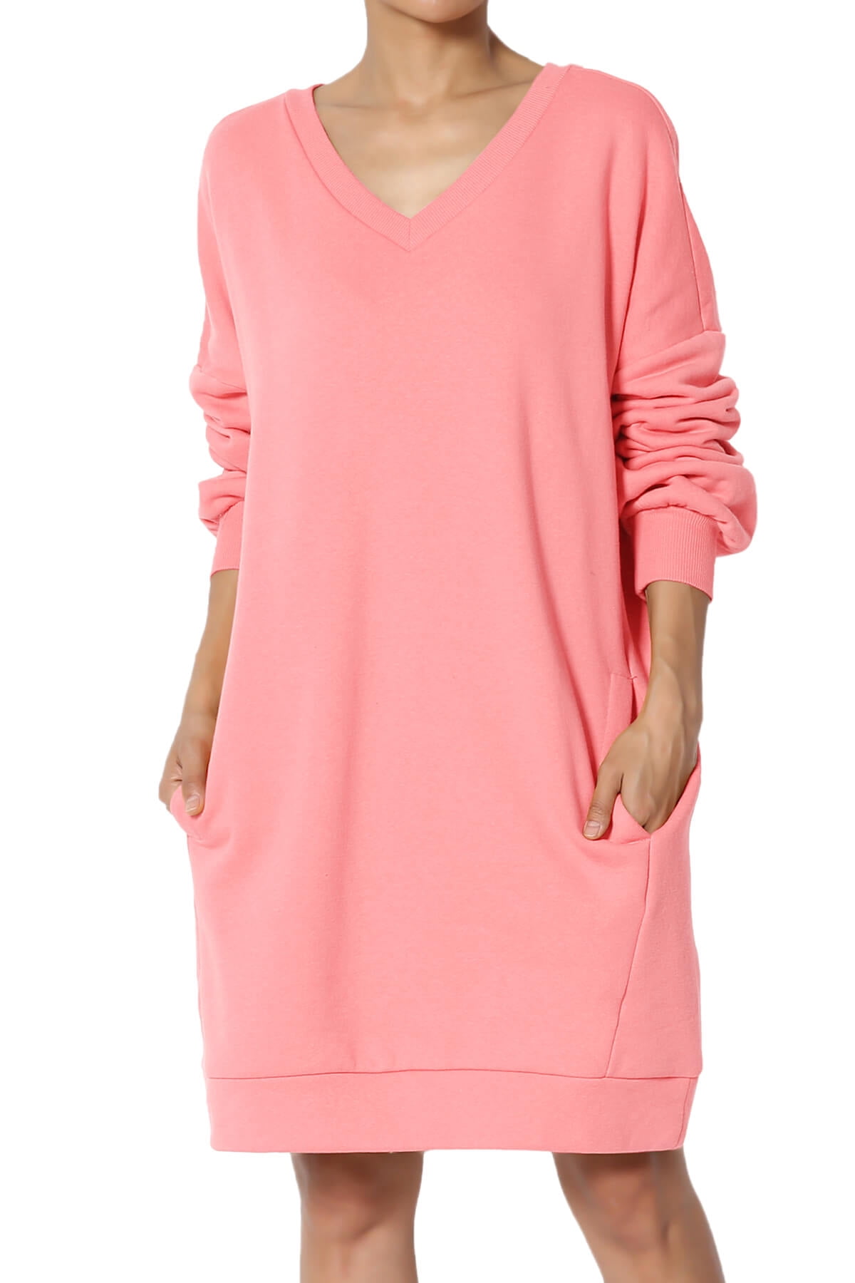 TheMogan Women's S~3X Oversized V-Neck Long Sleeve Pocket Fleece Tunic ...