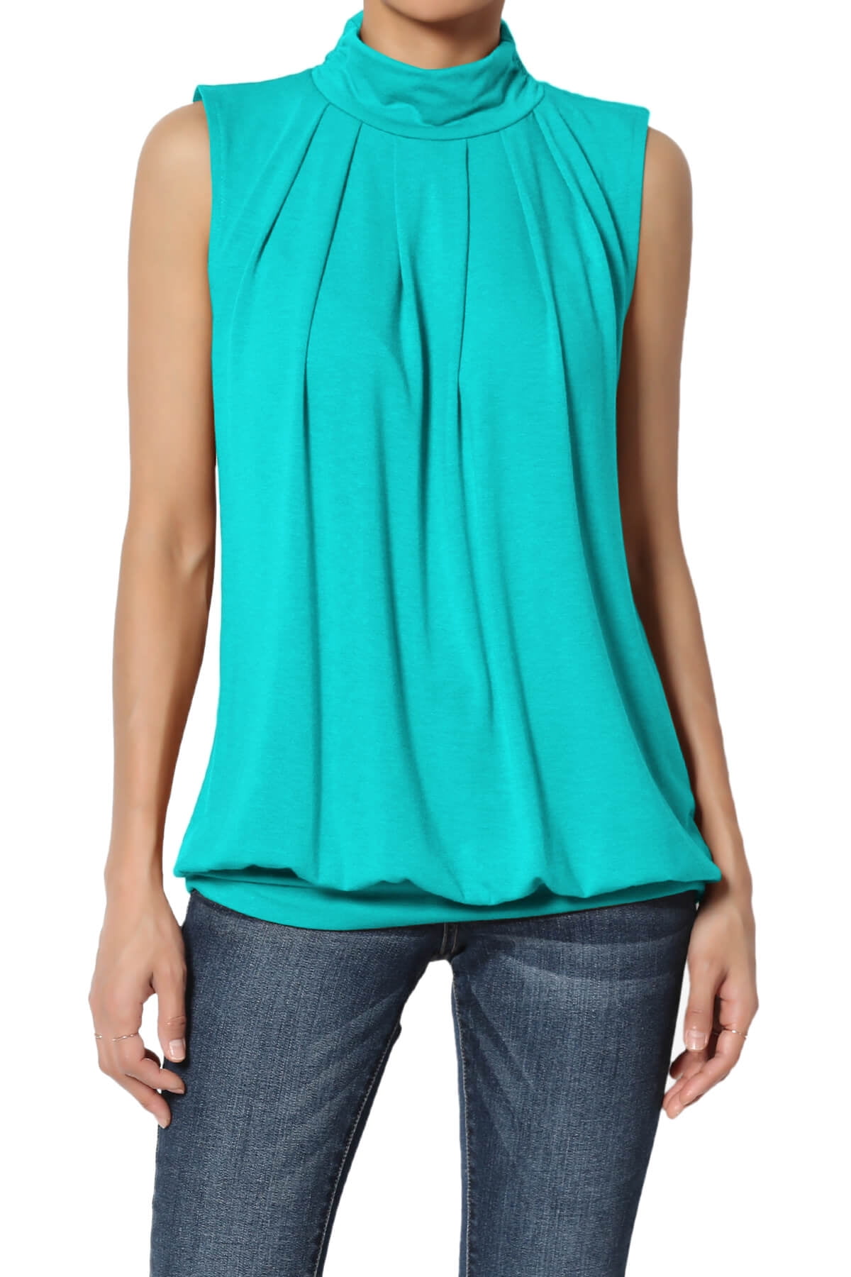 TheMogan Women's S~3X Sleeveless Mock Neck Banded Hem Pleated Top ...