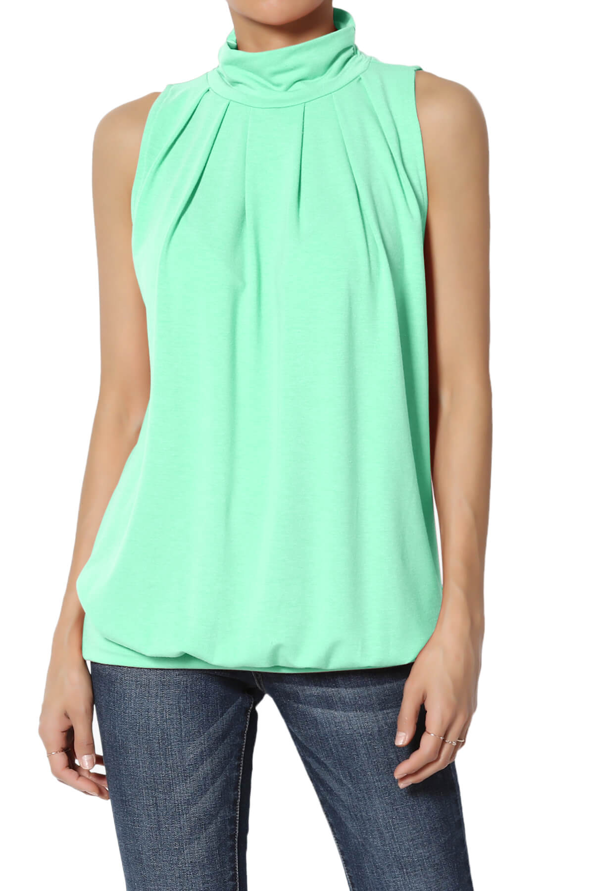TheMogan Women's S~3X Sleeveless Mock Neck Banded Hem Pleated Top ...