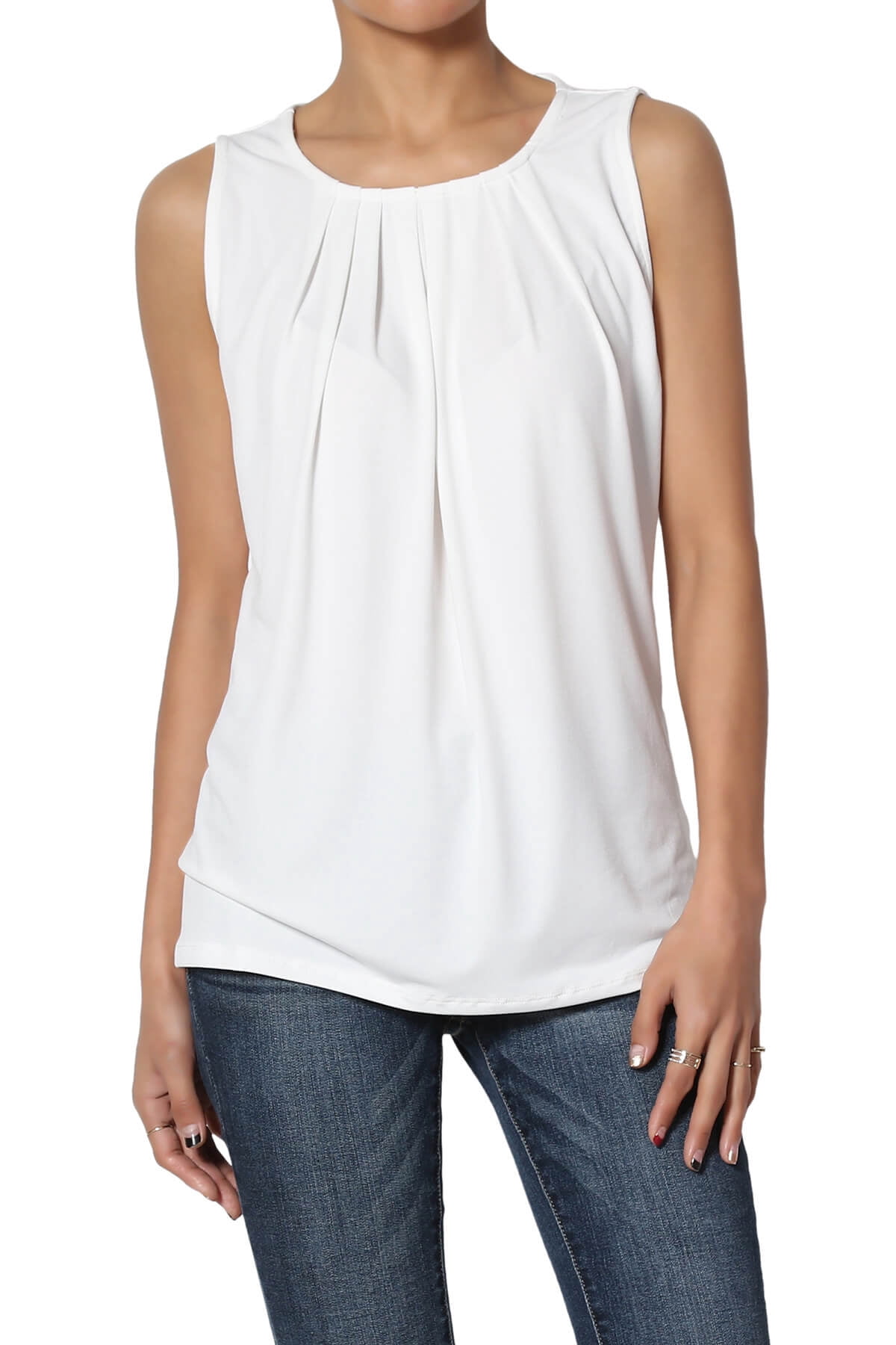 TheMogan Women's S~3X Sleeveless Pleated O Crew Neck Tank Top Essential ...