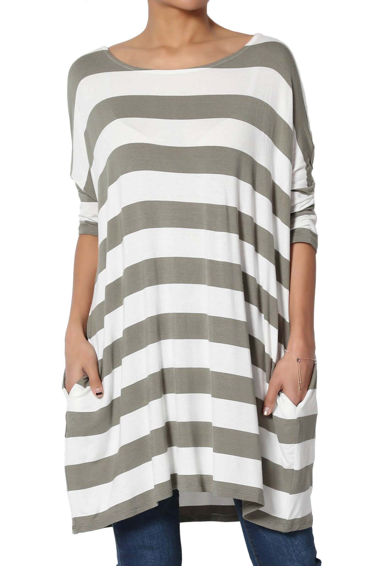 TheMogan Women's S~3X Stripe Dolman 3/4 Sleeve Pocket Oversized Tunic ...